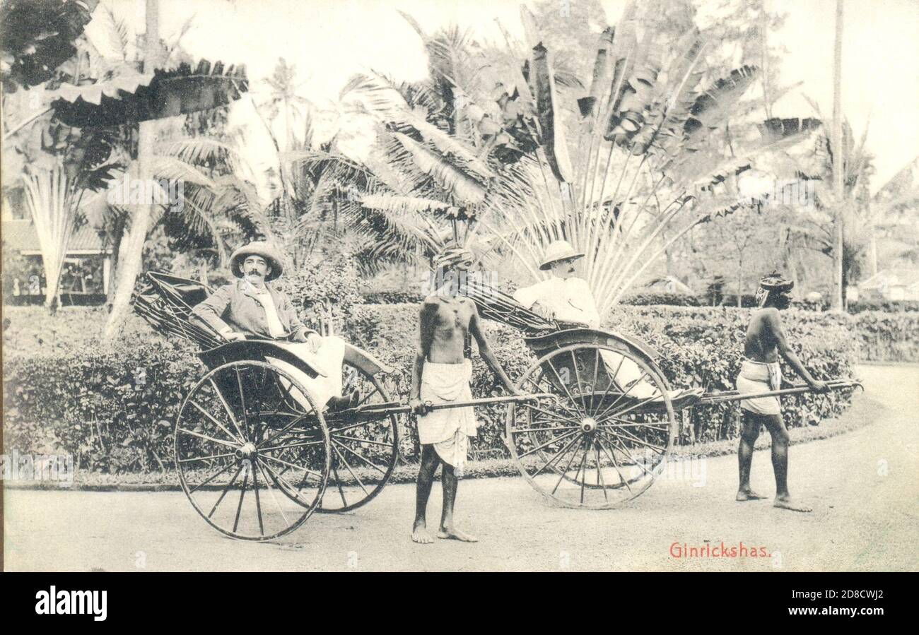 Postcard from Ceylon titled Ginrickshas [rickshaw]showing two European ...