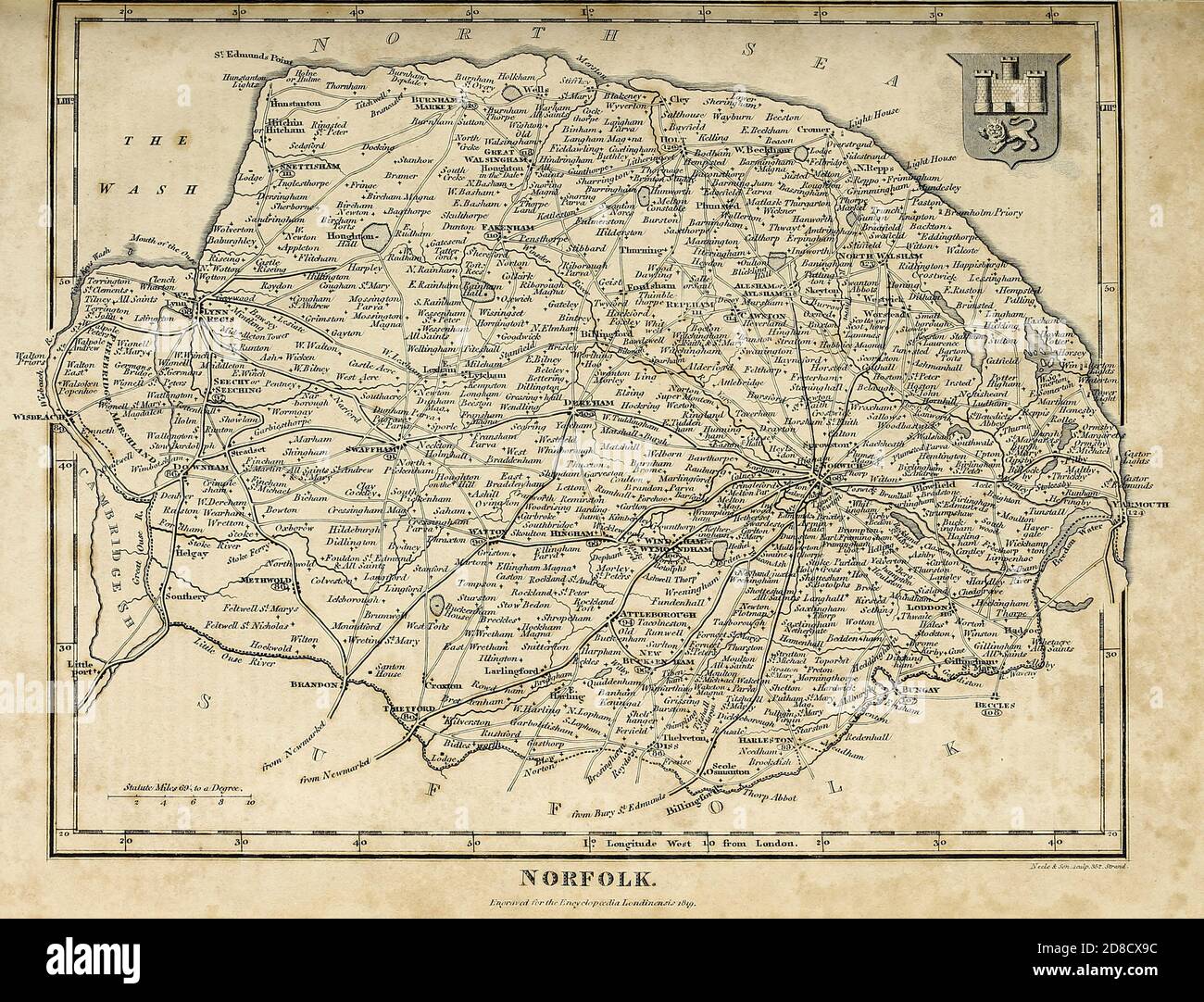 Ancient 19th Century map of Norfolk a county in East Anglia in England ...
