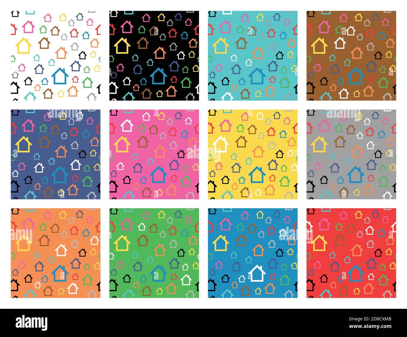 Vector seamless pattern texture backgrounds, sets. House icons, colored ...