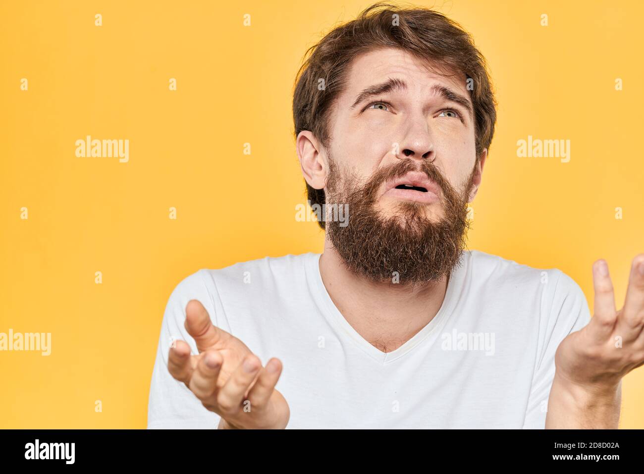 Bearded man emotions gestures with hands facial expression white t ...