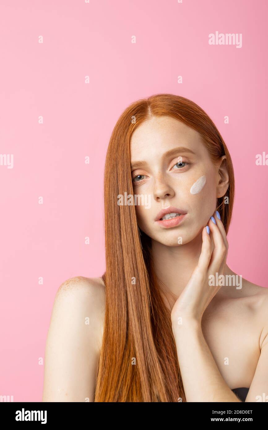 Vertical shot of gorgeous sensual caucasian woman with perfect soft ...