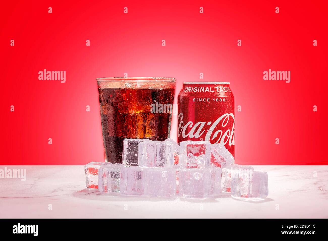 London, United Kingdom - October 29 2020: Ice cold can of Coke sits ...
