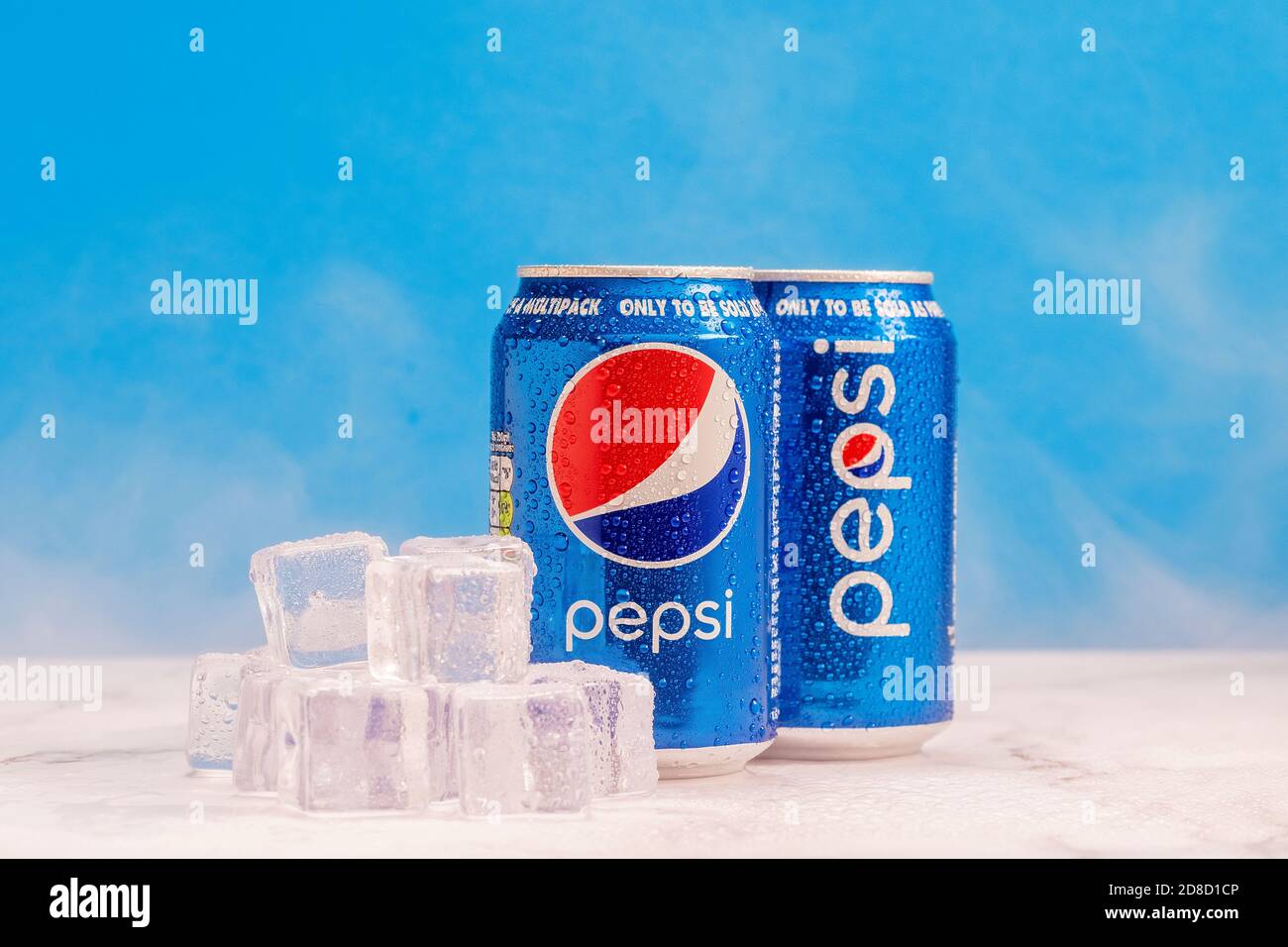 London, United Kingdom - October 29 2020: Two ice cold cans of Pepsi ...