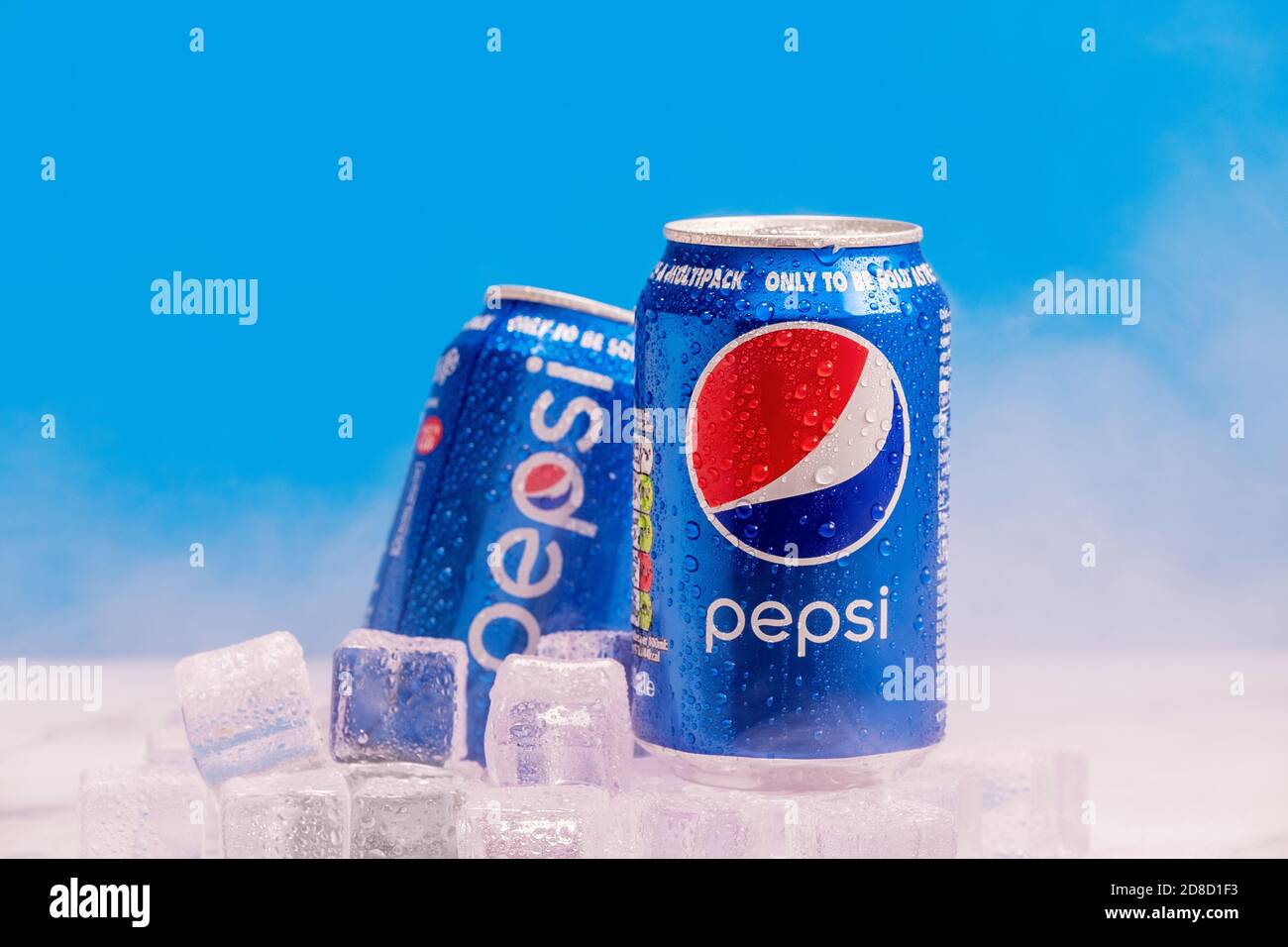 London, United Kingdom - October 29 2020: Two ice cold cans of Pepsi ...