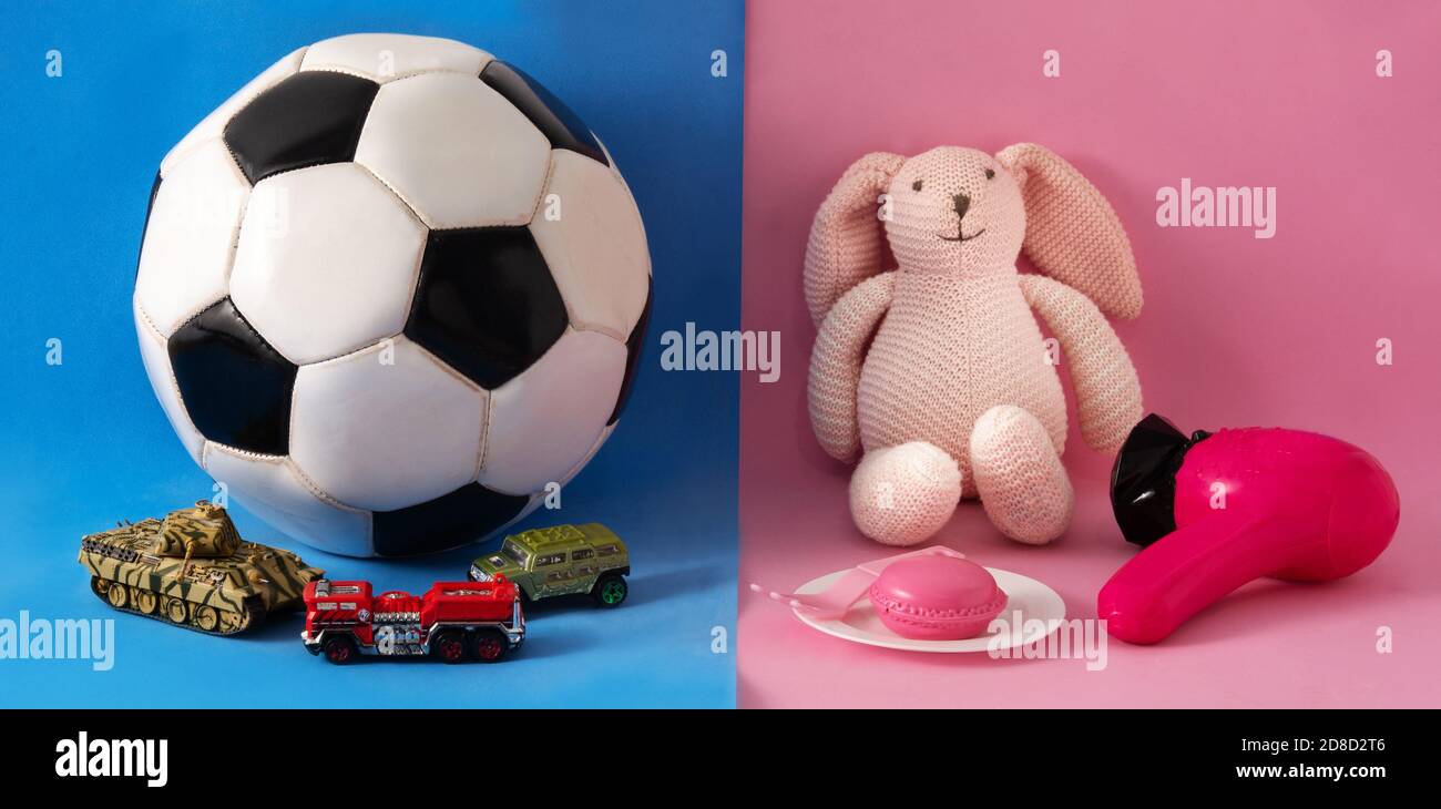 Gender stereotype toys on pink and bluebackground Stock Photo - Alamy