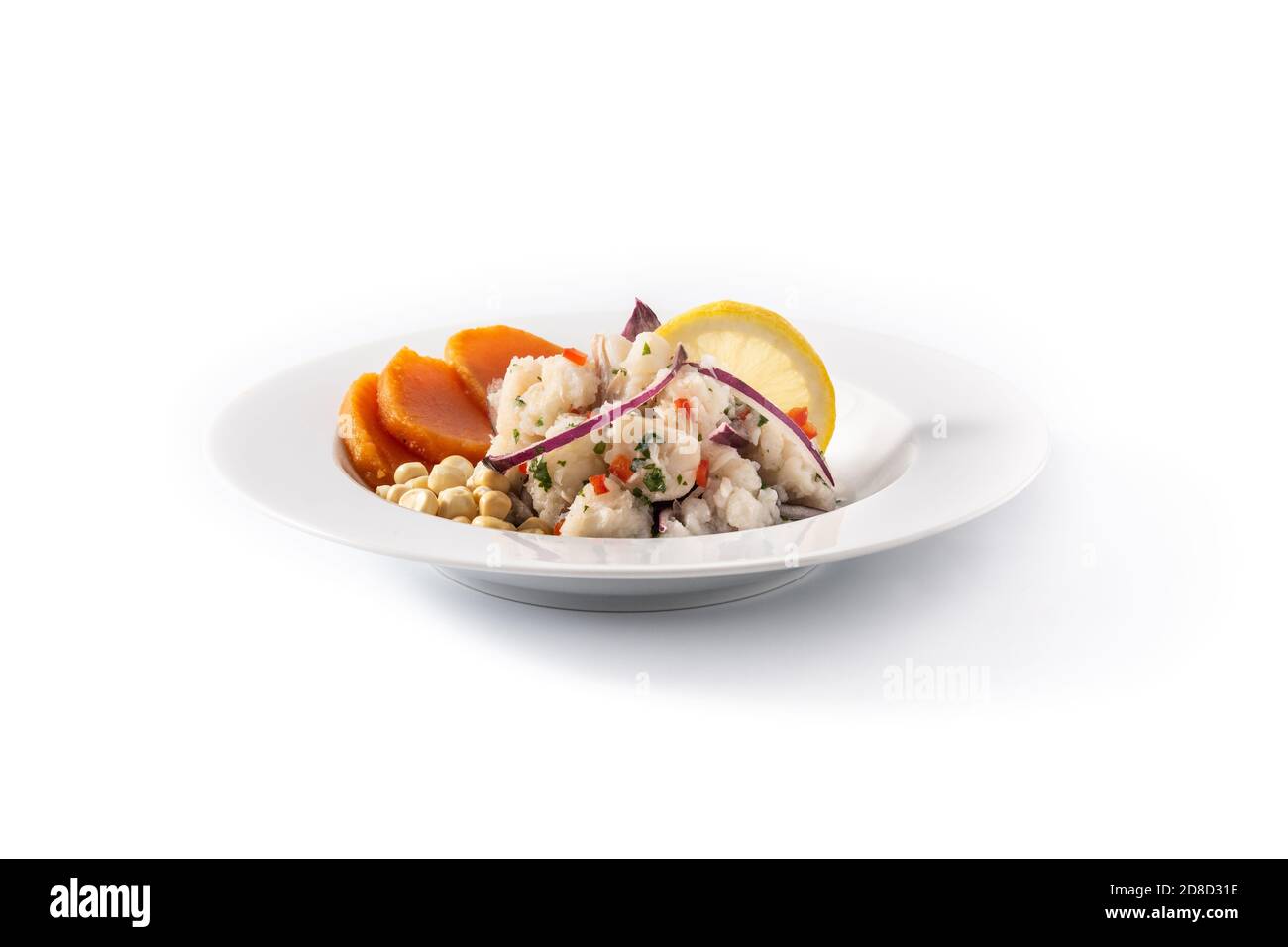 Peruvian ceviche with fish, sweet potato, corn and vegetables isolated ...