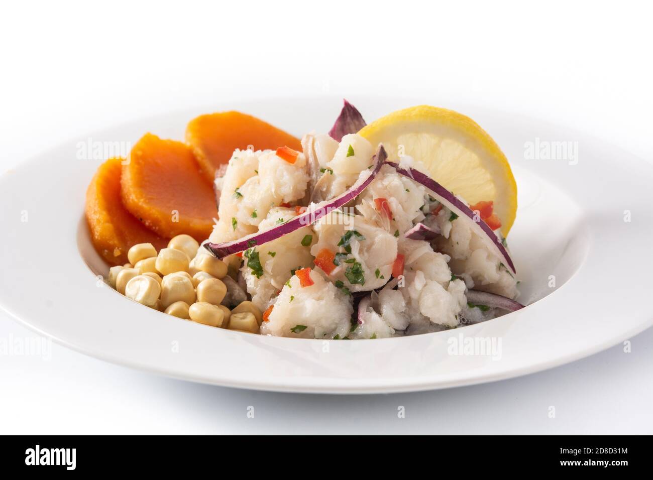 Peruvian ceviche with fish, sweet potato, corn and vegetables isolated ...