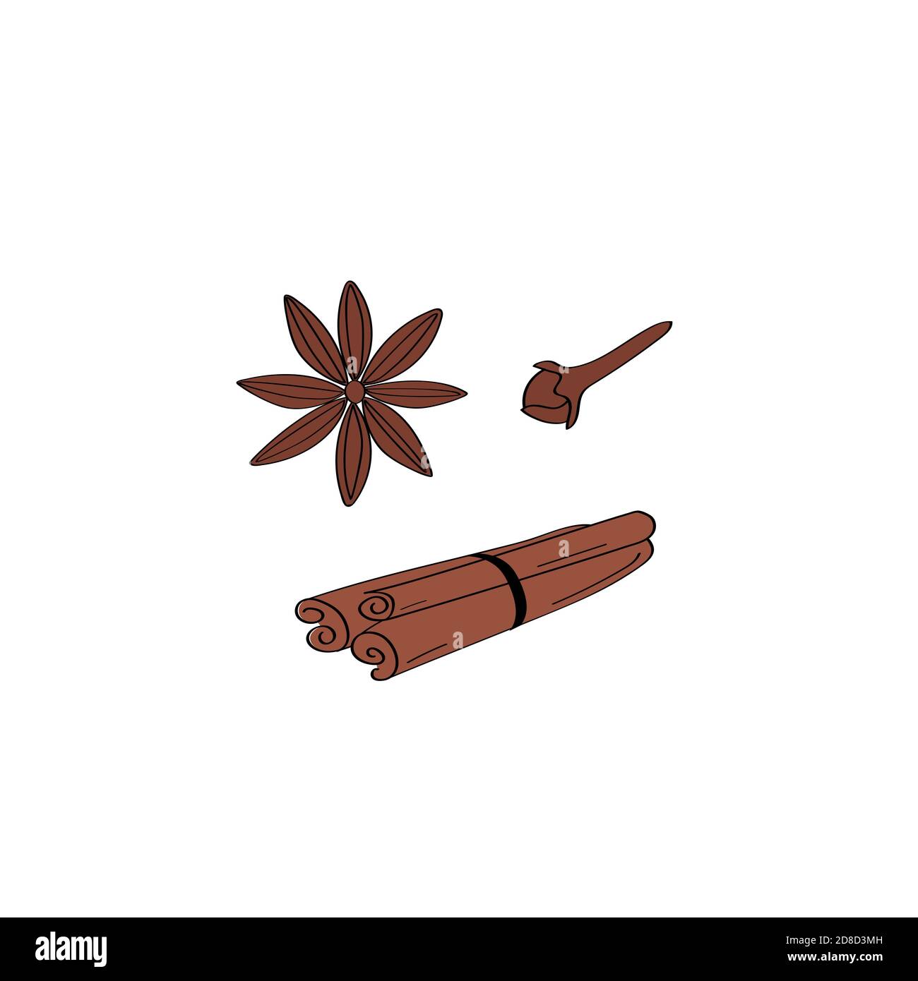 Spices set. Cinnamon sign. Star anise icon. Cloves image. Doodle hand ...