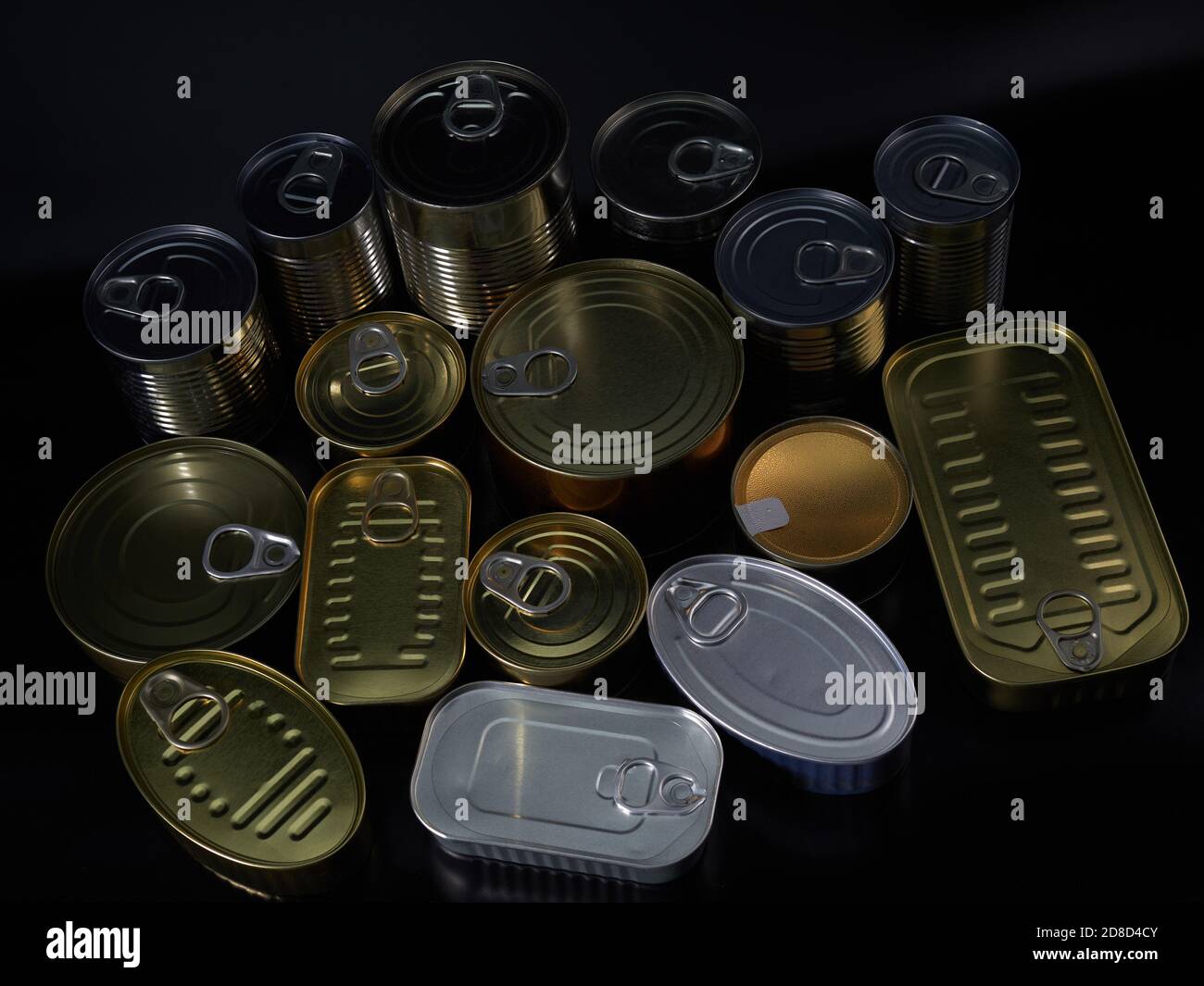 Different types of cans with prepared foods for consumption, vegetables ...