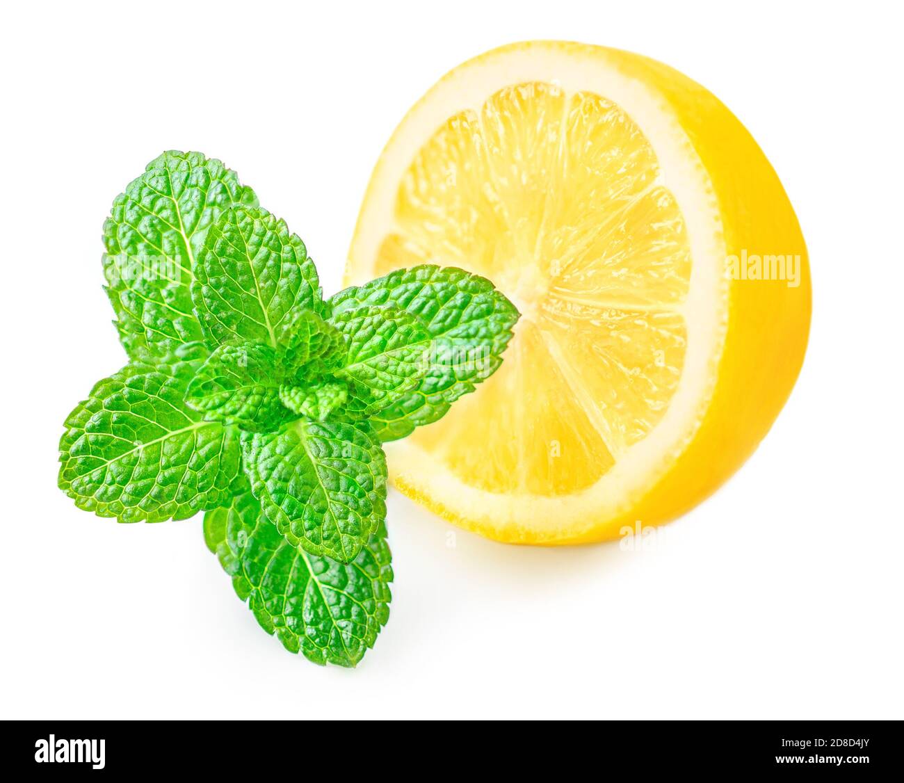 Half of lemons with mint leaf (peppermint, melissa) isolated on white ...