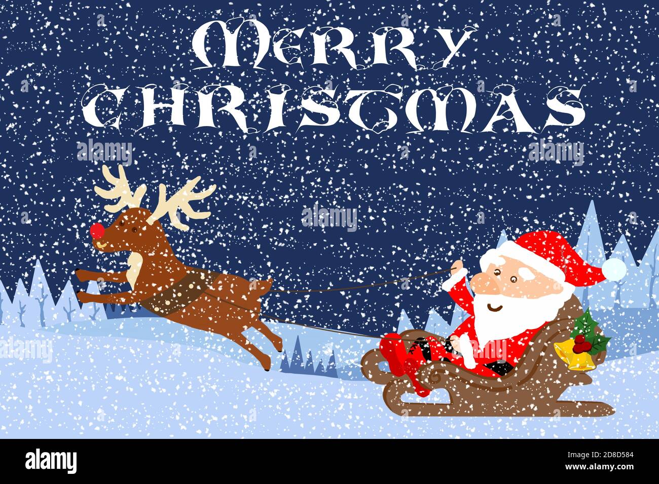 Happy Santa in his Christmas sled being pulled by reindeer Stock Photo ...
