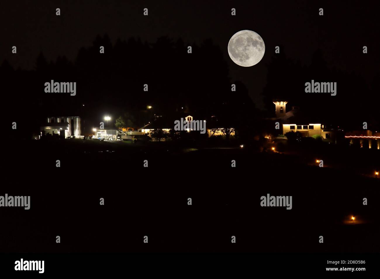 Oregon Vineyard Night Lights With Full Harvest Moon Above Stock Photo ...