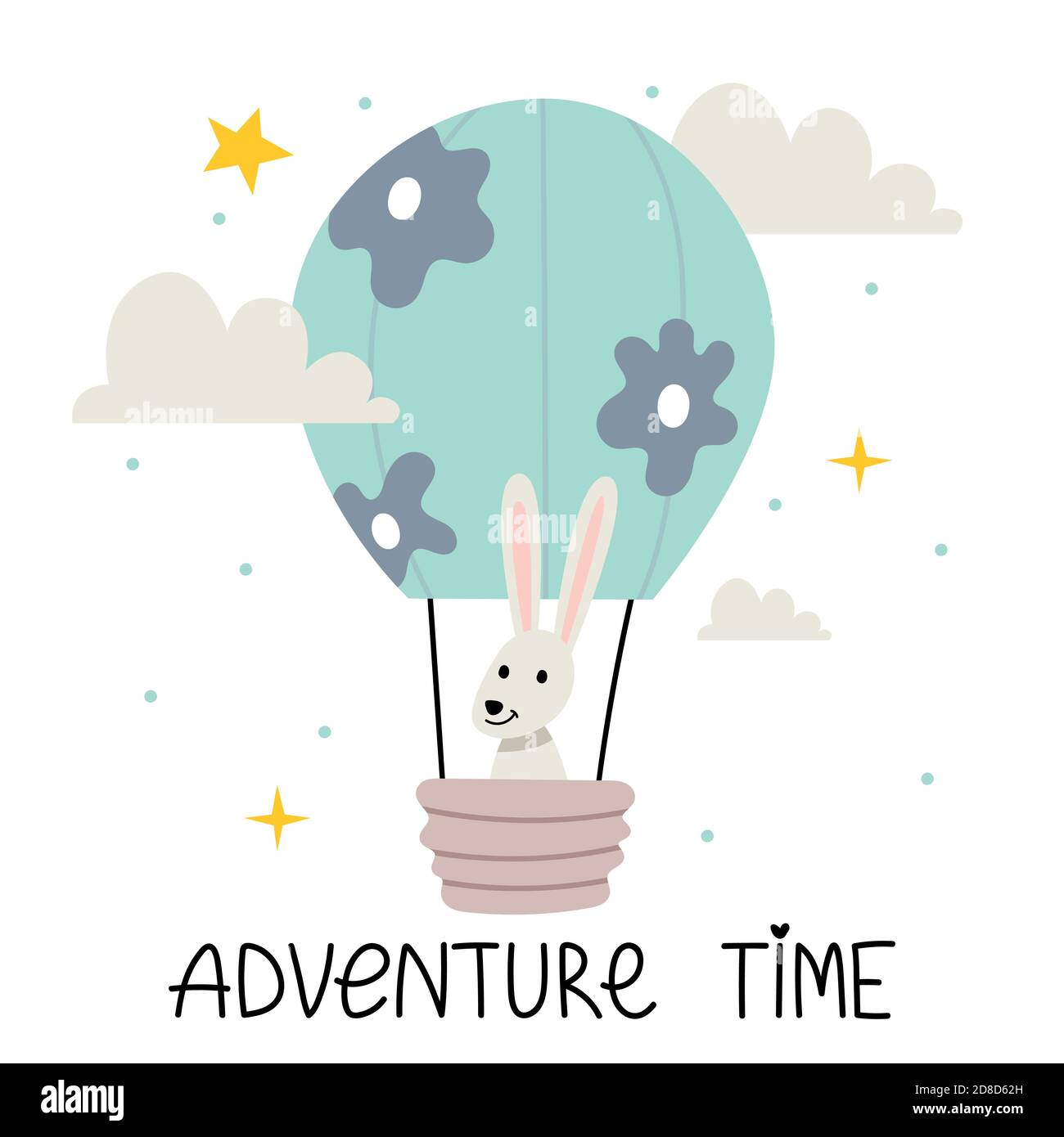 Fluffy gray rabbit flies in a balloon in the middle of the clouds ...