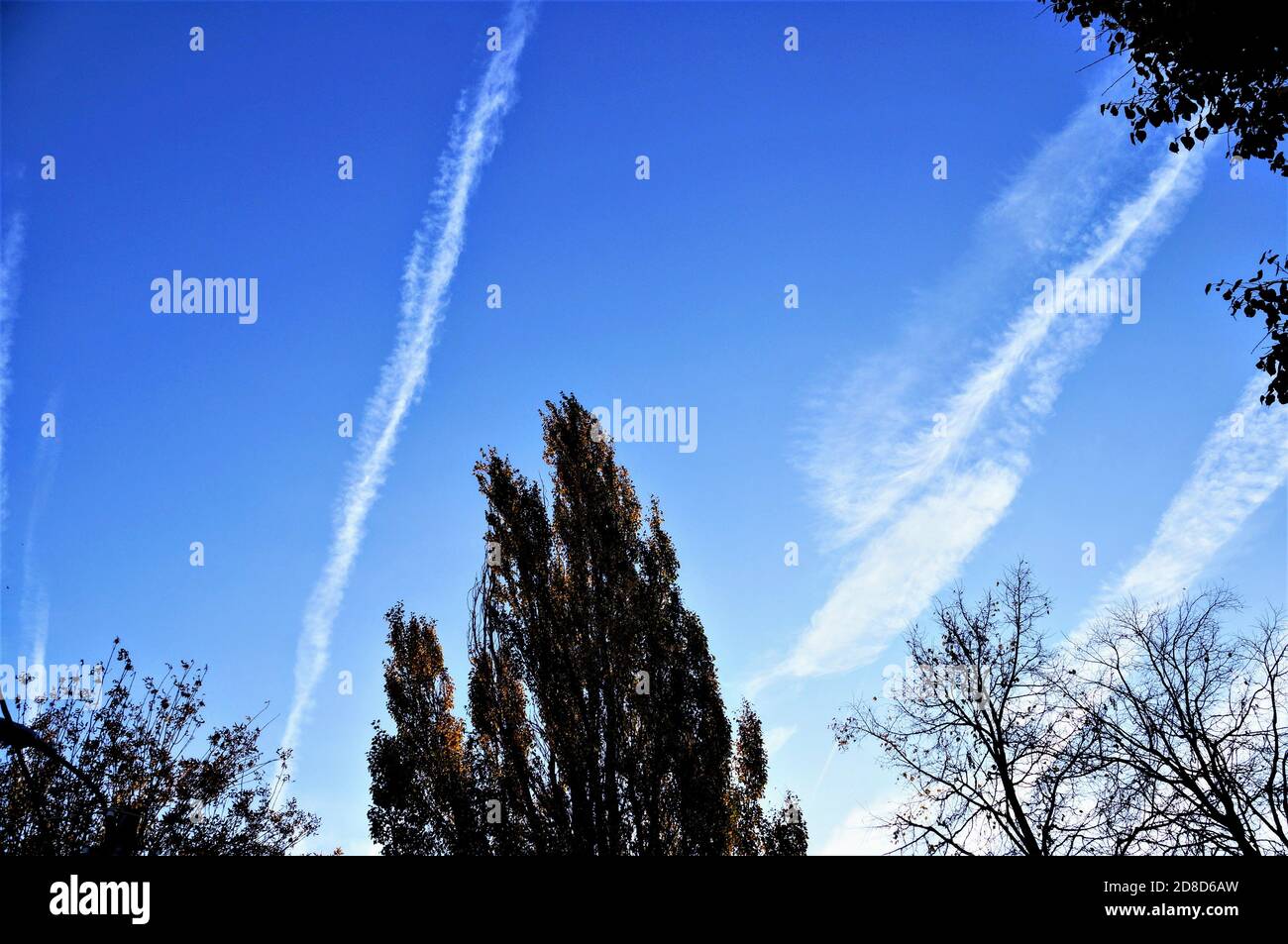 pattern of reversible airplane tracks on blue sky Stock Photo - Alamy