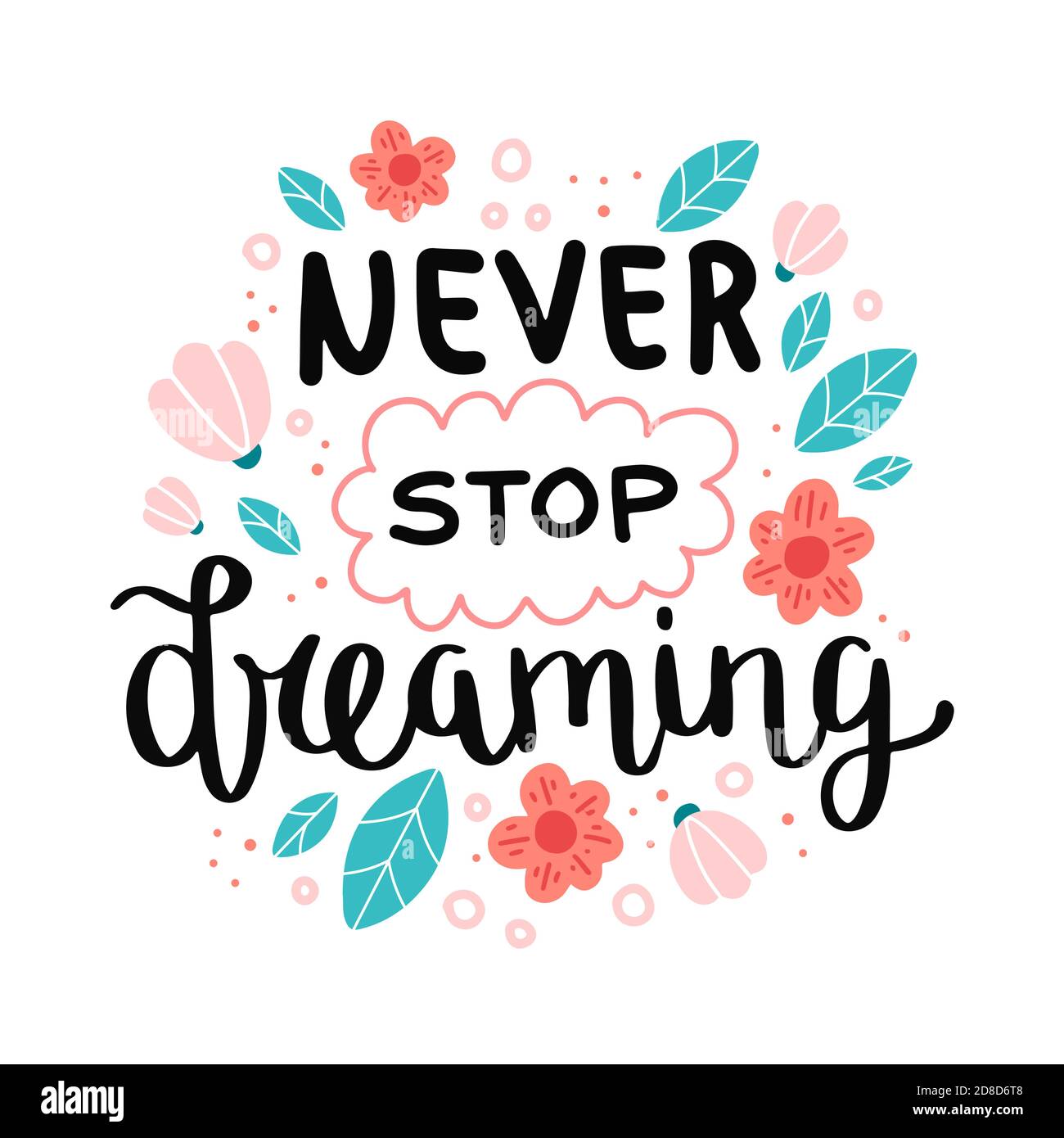Never stop dreaming, motivational quote. Hand drawn lettering, vector ...