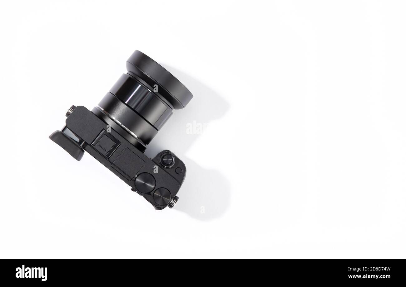 Top view of digital camera isolated on white background. Copy space ...