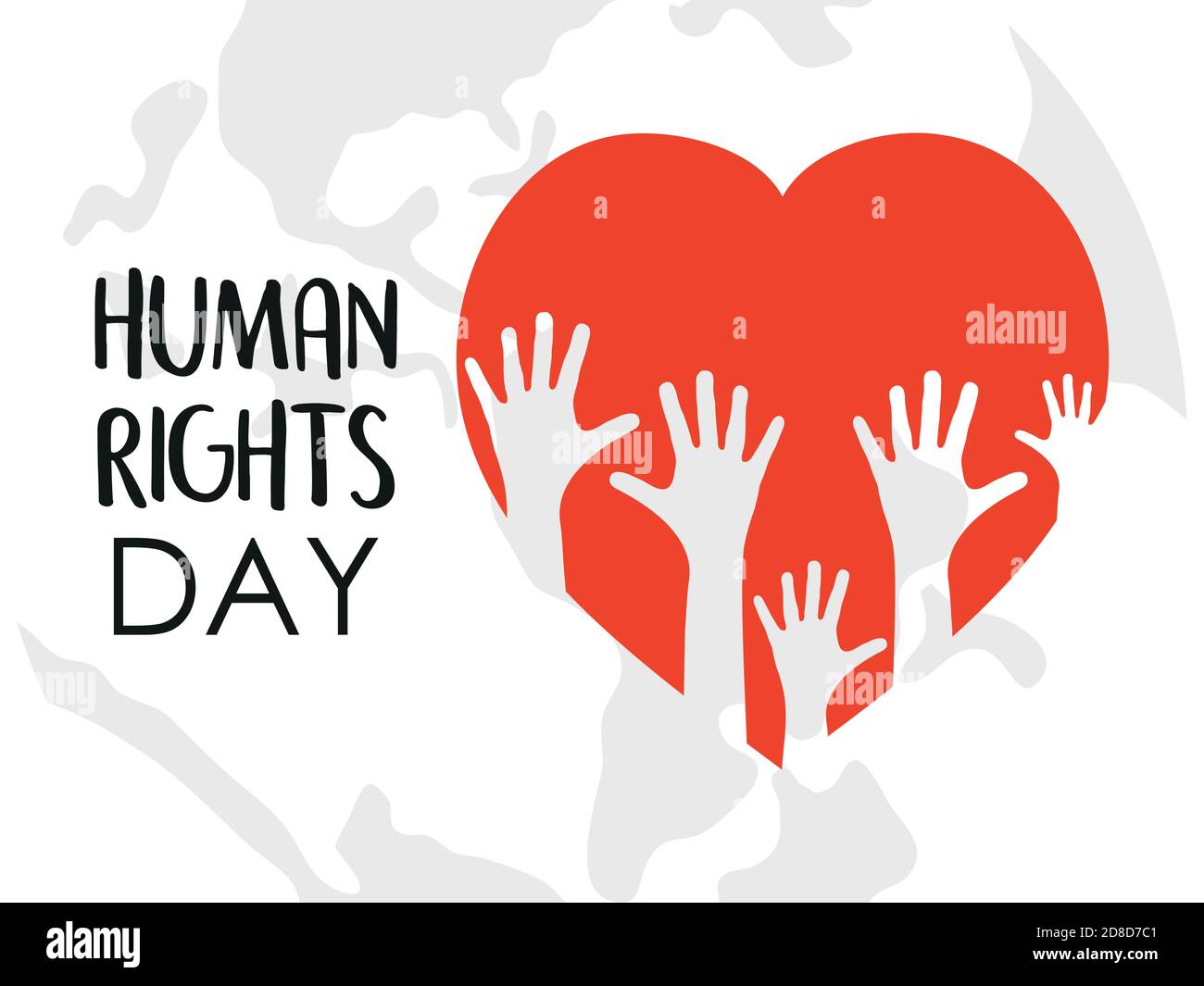 human rights design with red heart and hands up over white background ...