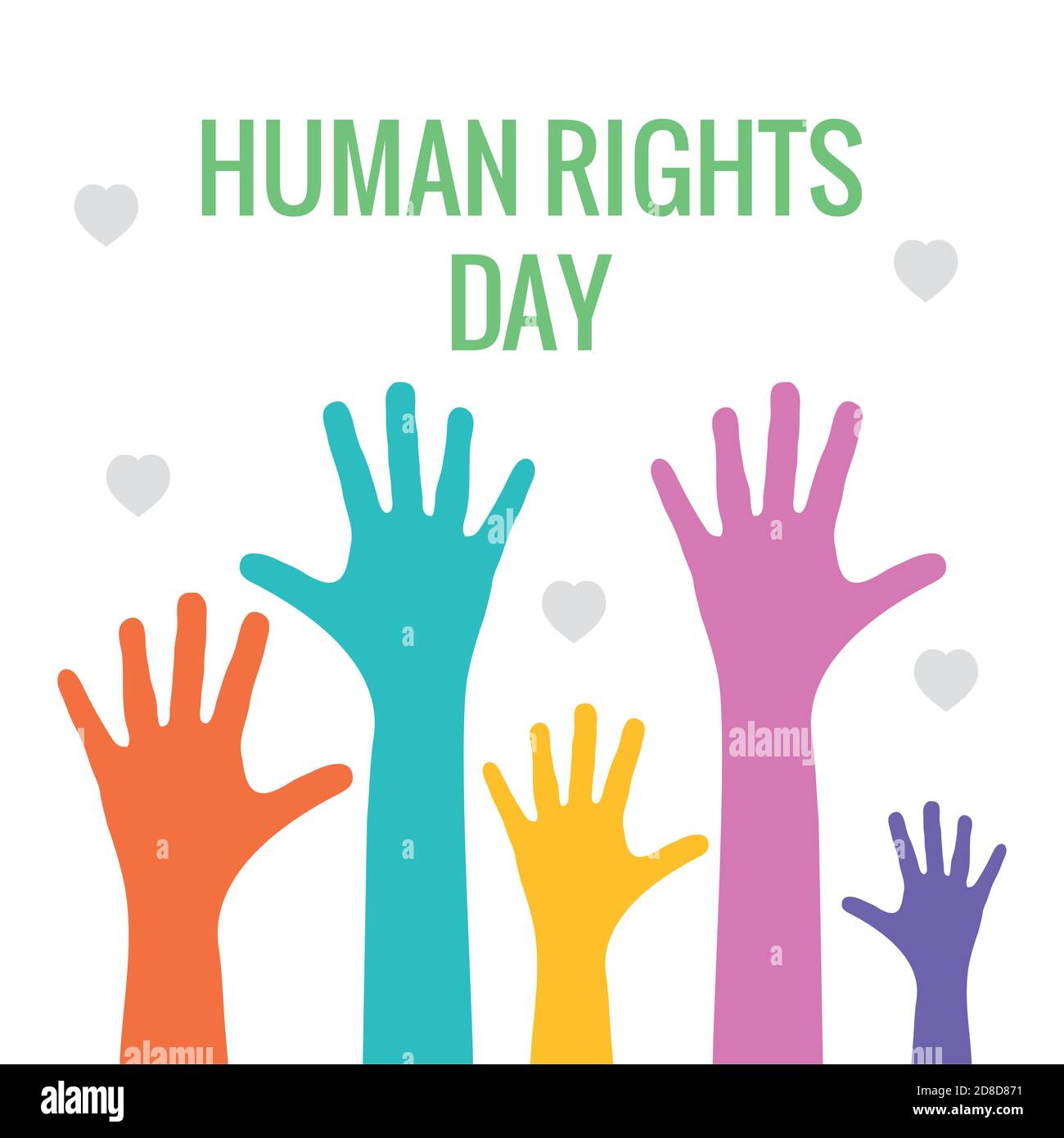 human rights design with colorful hands up over white background ...