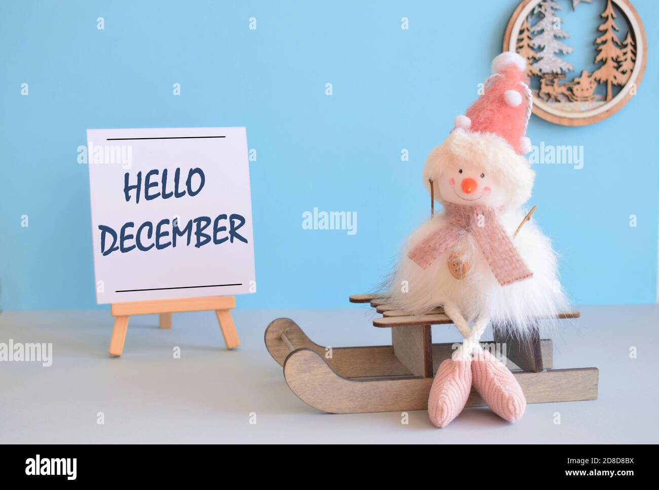 HELLO DECEMBER - Snowman with sleigh and winter decorations, blue ...