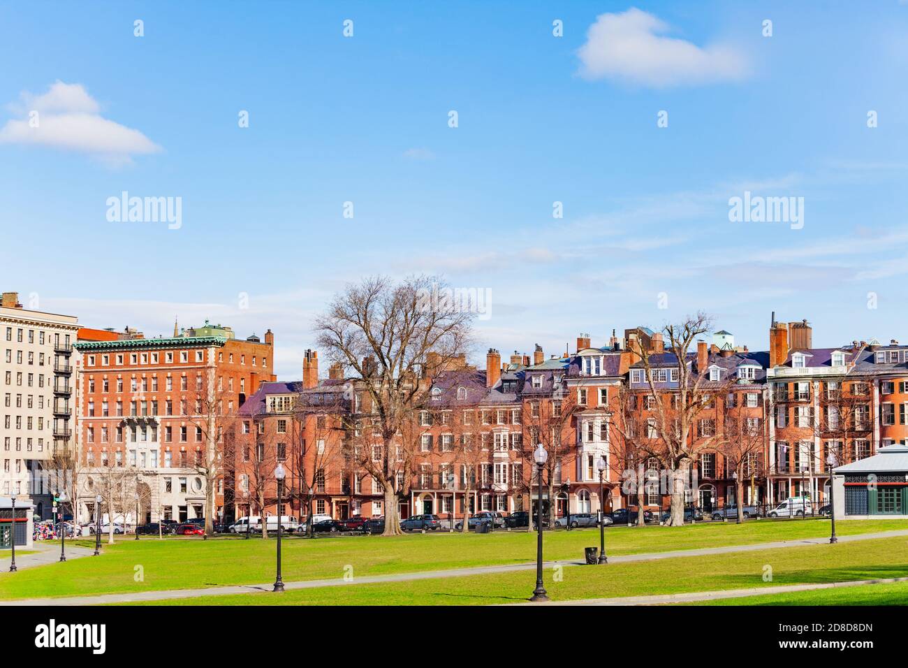 Beacon street corner view from Boston Common park in downtown ...