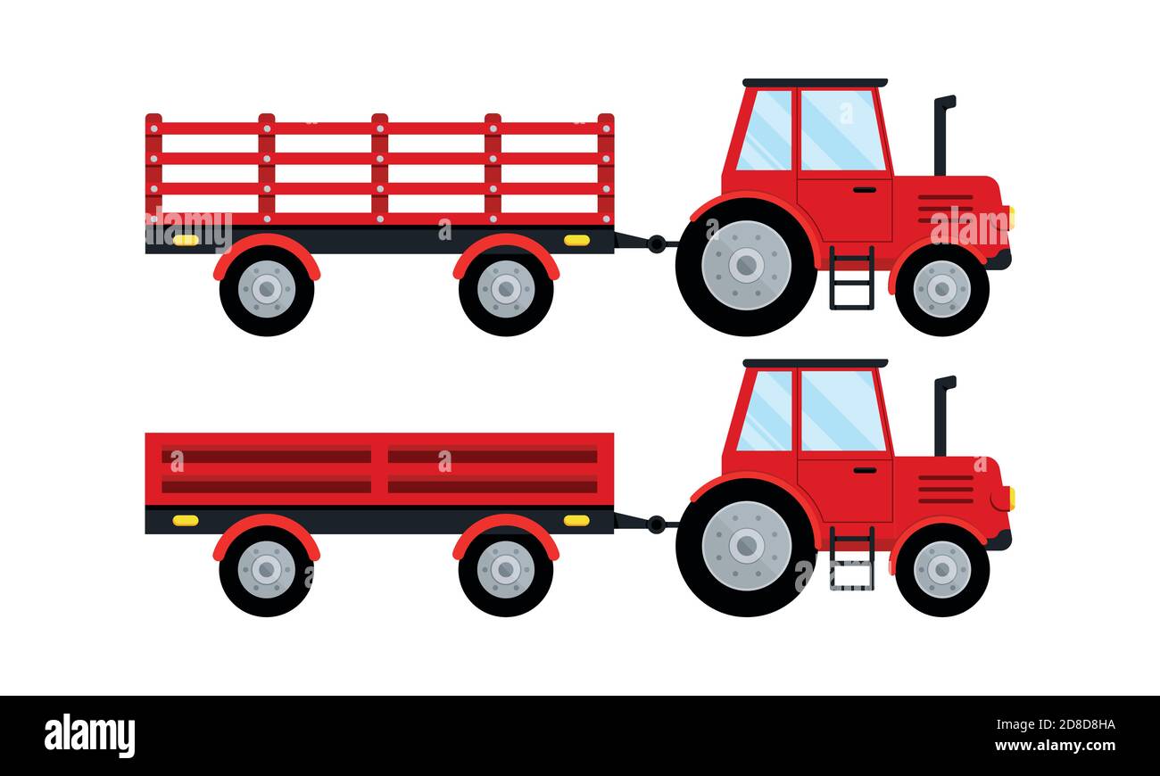 Red farm tractor with open trailer icon set isolated on white ...