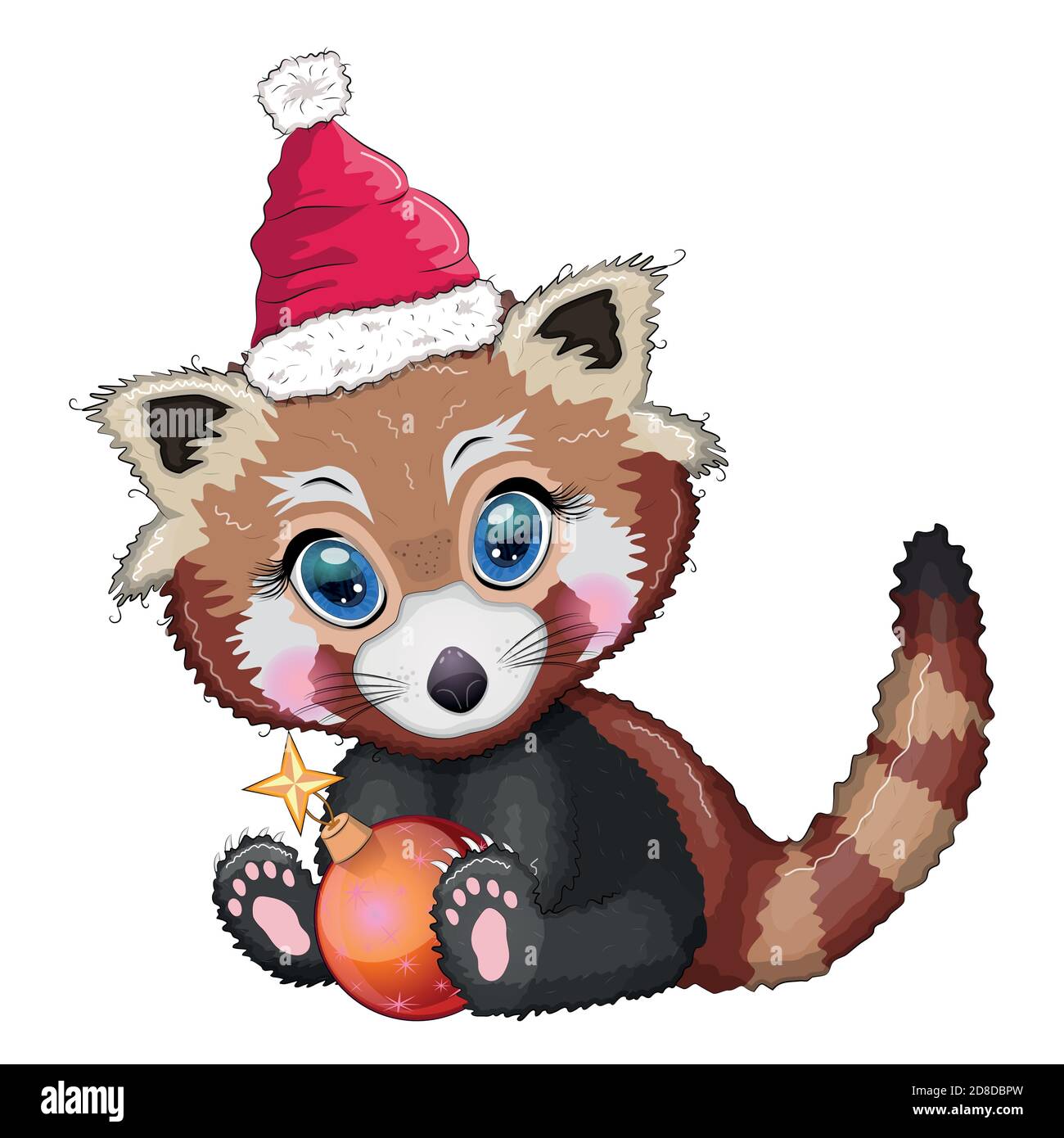 Red panda in santa hat with christmas tree ball, cute character, new ...