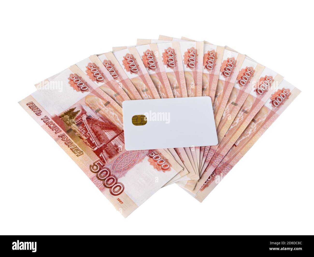 Blank credit card and Russian bank notes isolated on white background ...