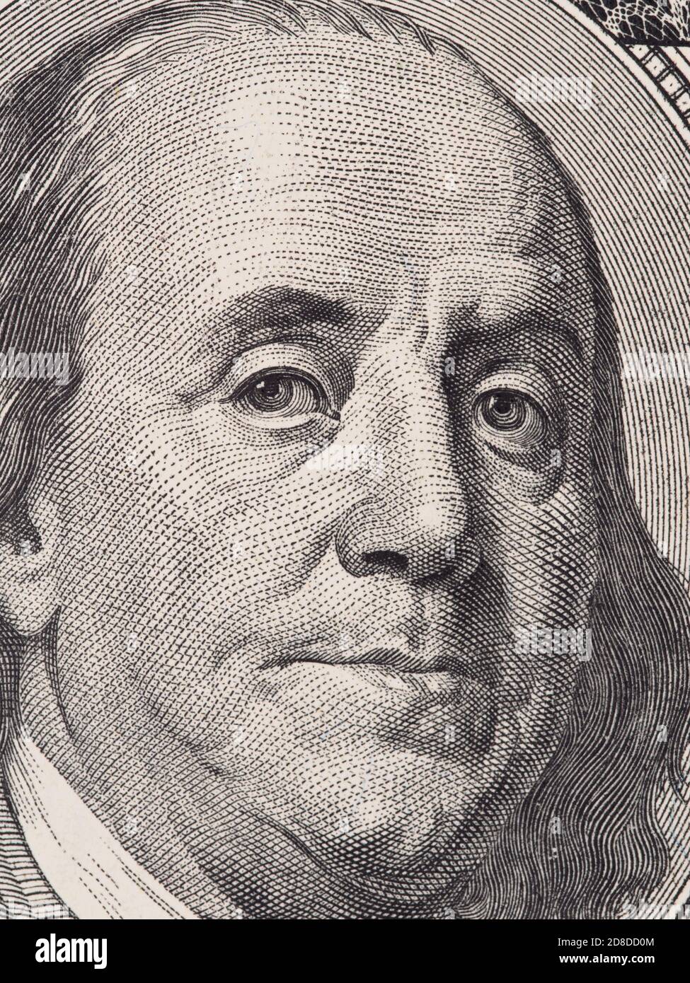Benjamin Franklin portrait closeup macro on the US 100 dollar bill ...