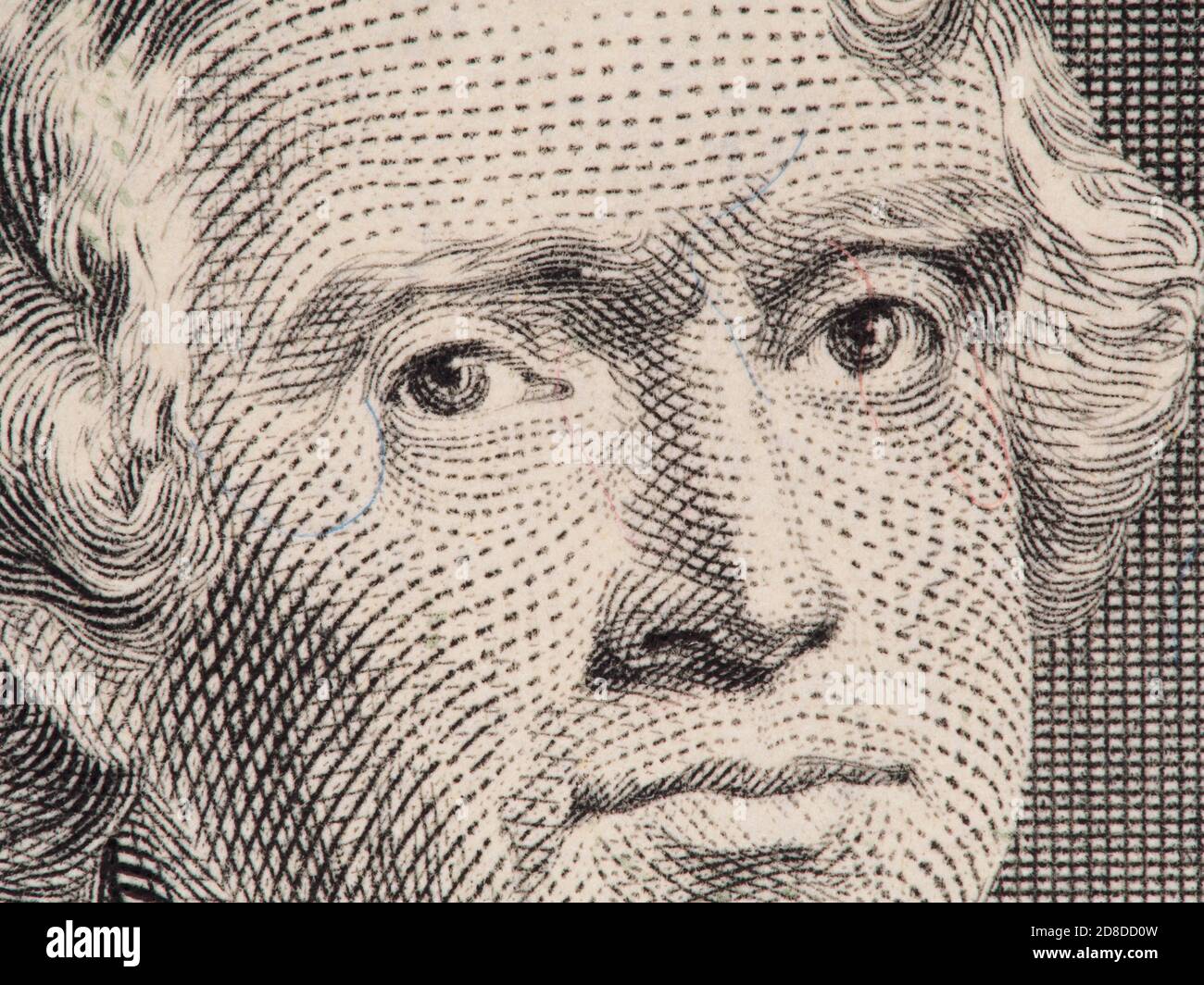 Thomas Jefferson face on us two dollar bill closeup macro, united ...