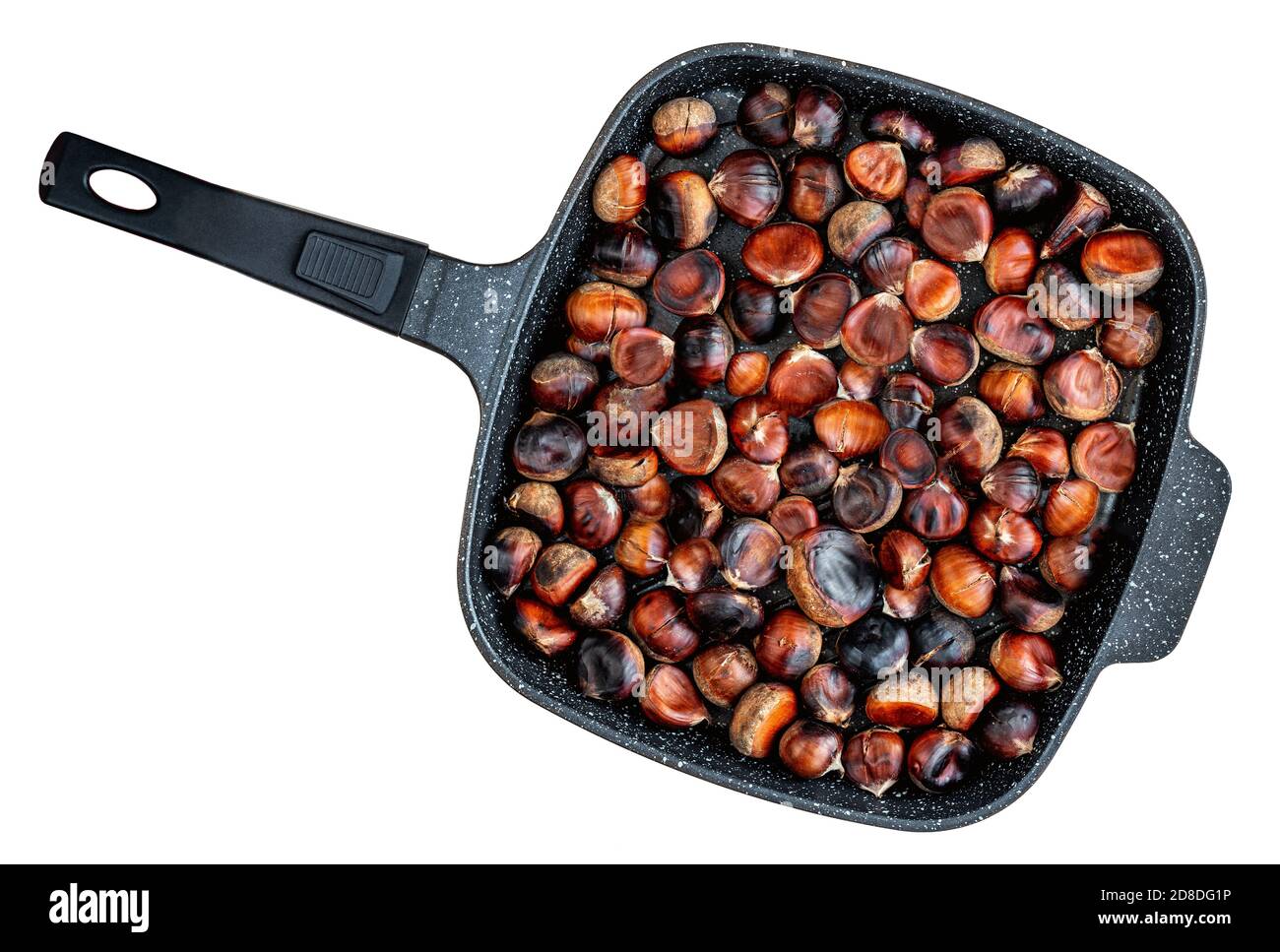 Roasted chestnuts served in a chestnut pan isolated on white background ...