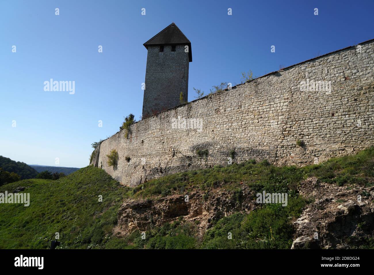 Shot of a fortress wall with a watchtower in a Bavarian castle Stock ...