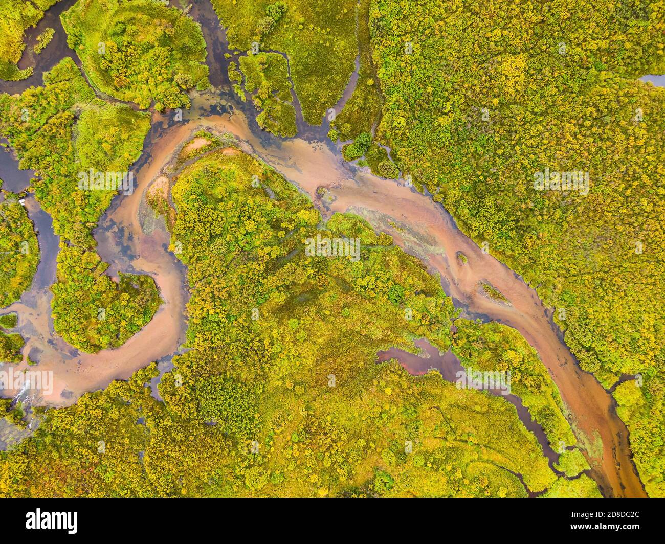 Aerial view of colorful pond in the marshlands Stock Photo - Alamy