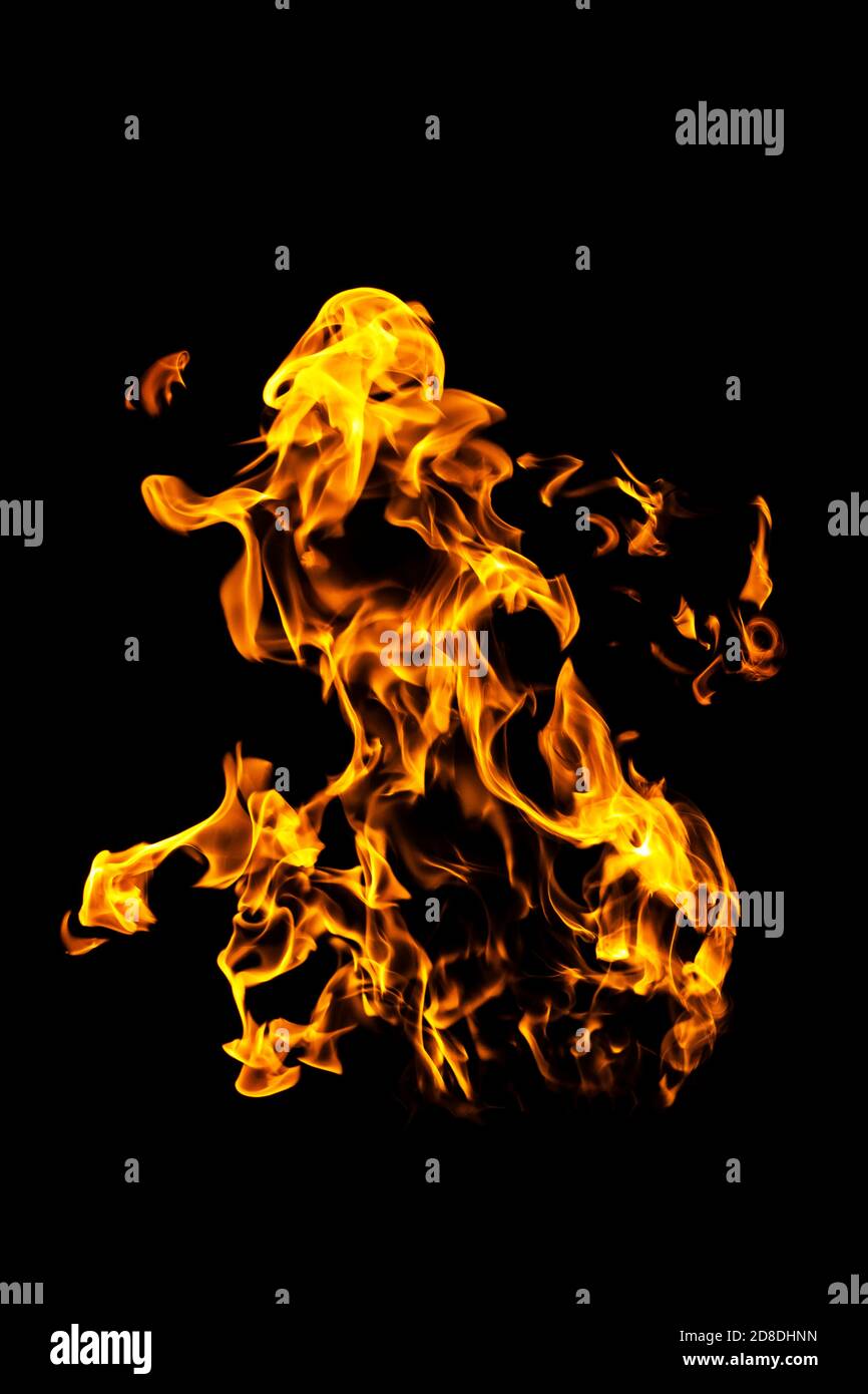 Fire flames on black background isolated. Burning gas or gasoline burns ...