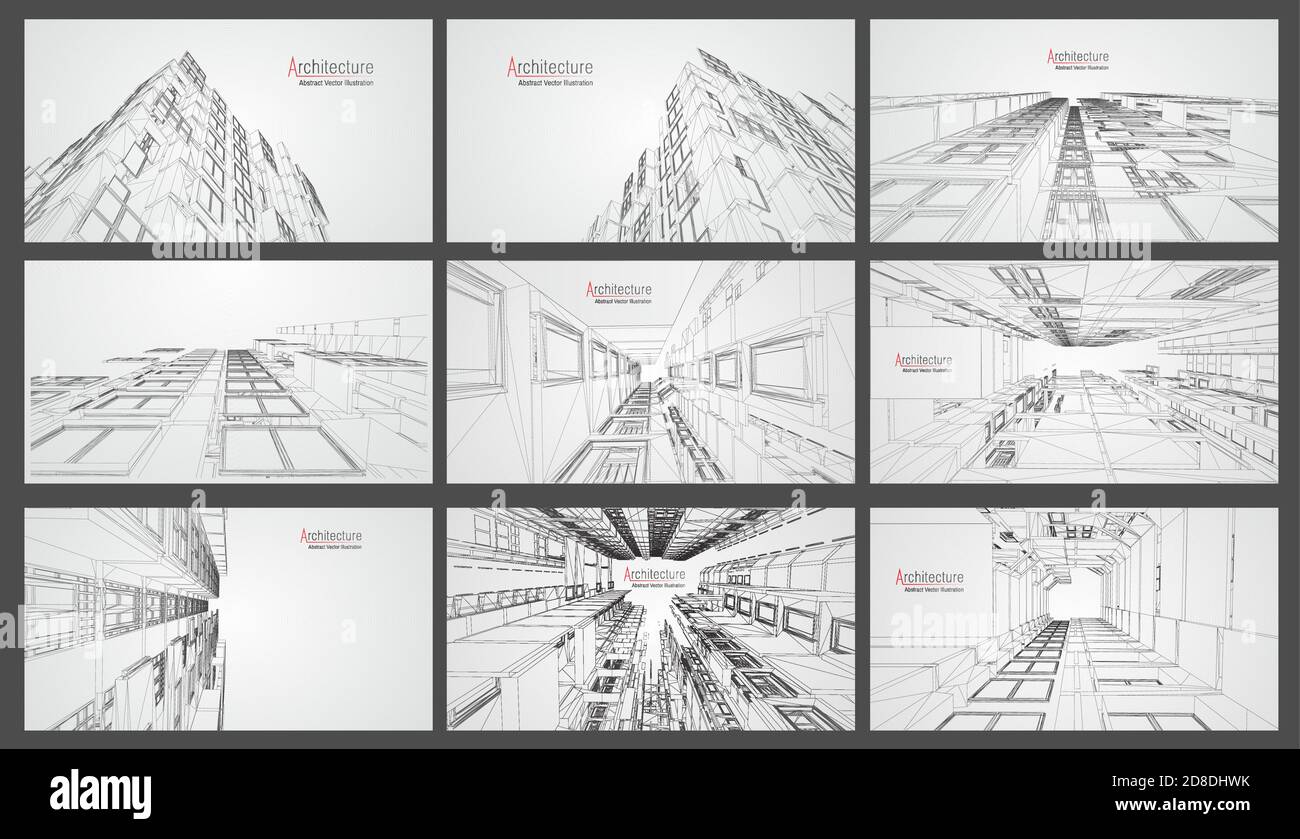 Architecture wireframe background set. Building blueprints vector ...