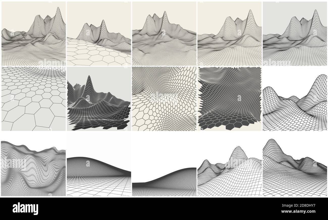 Wireframe landscape backgrounds set. EPS 10 Vector illustration ...