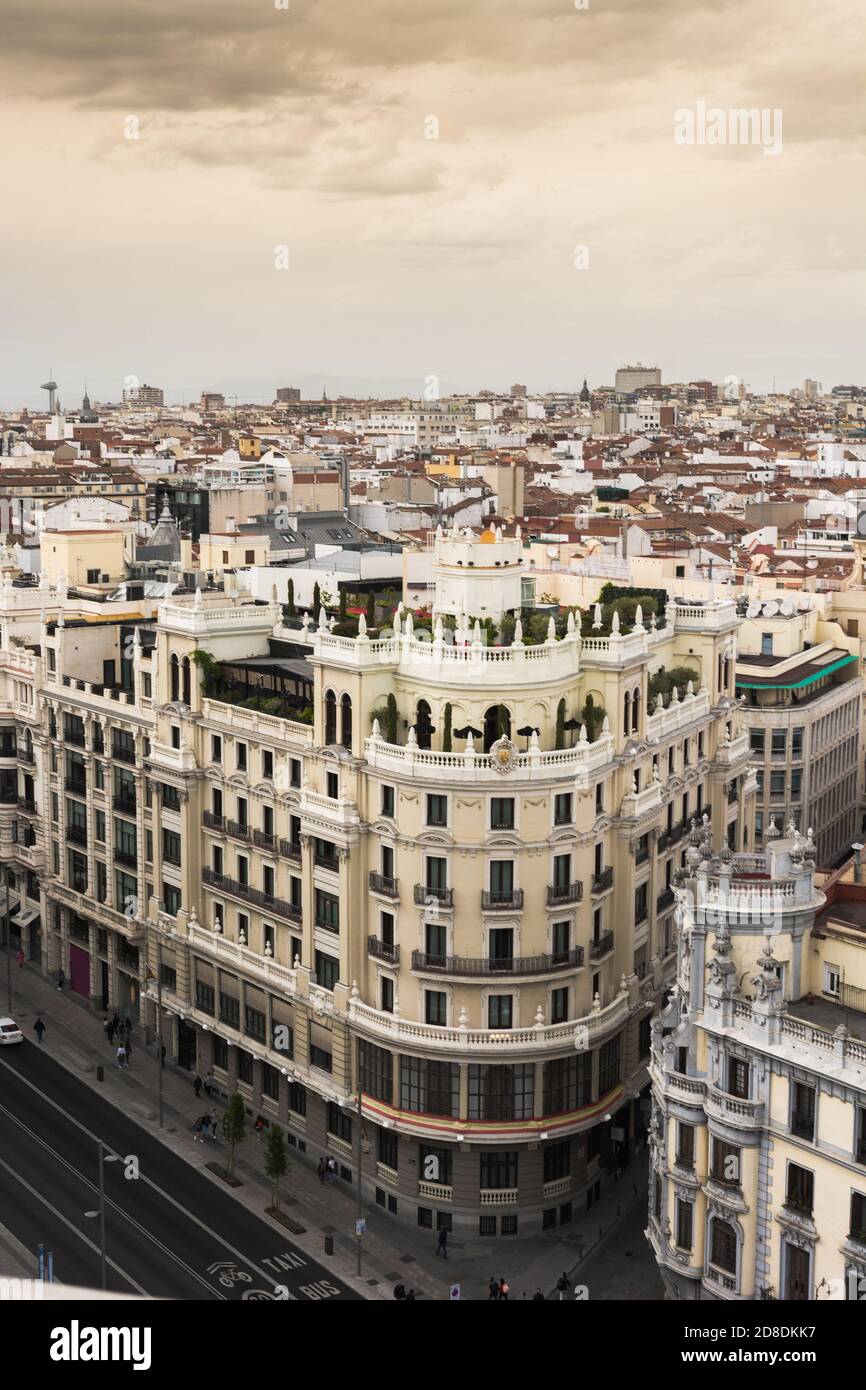 Panoramic aerial view of Gran Via, main shopping street in Madrid ...