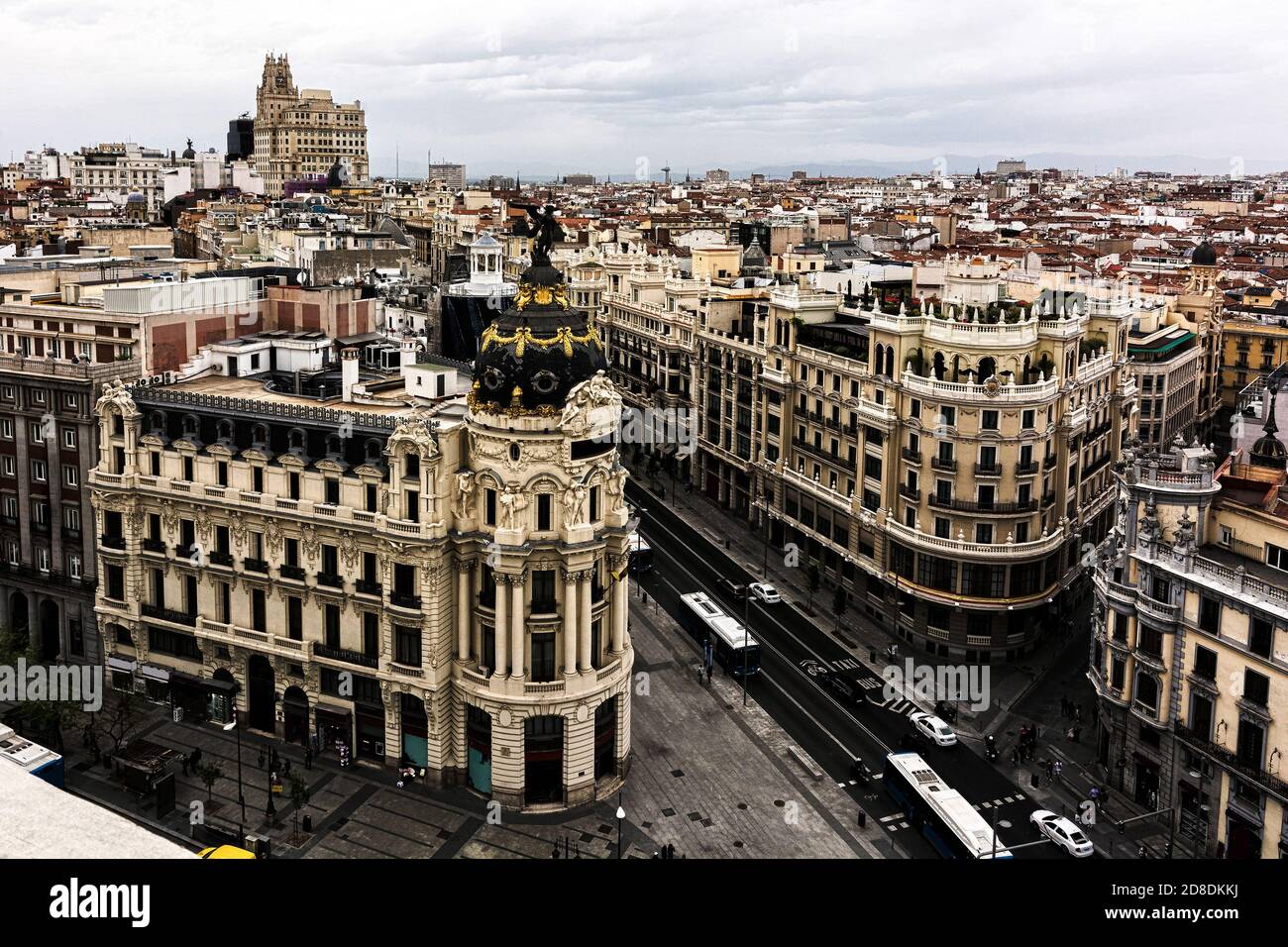 Panoramic aerial view of Gran Via, main shopping street in Madrid ...