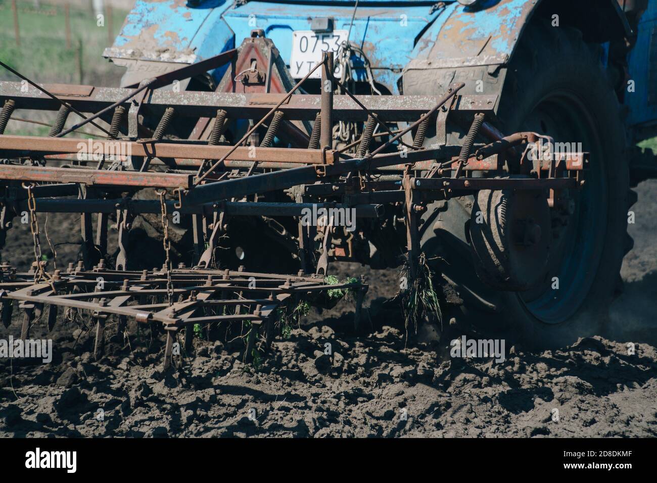 The tractor cultivates and cuts furrows in the field Stock Photo - Alamy