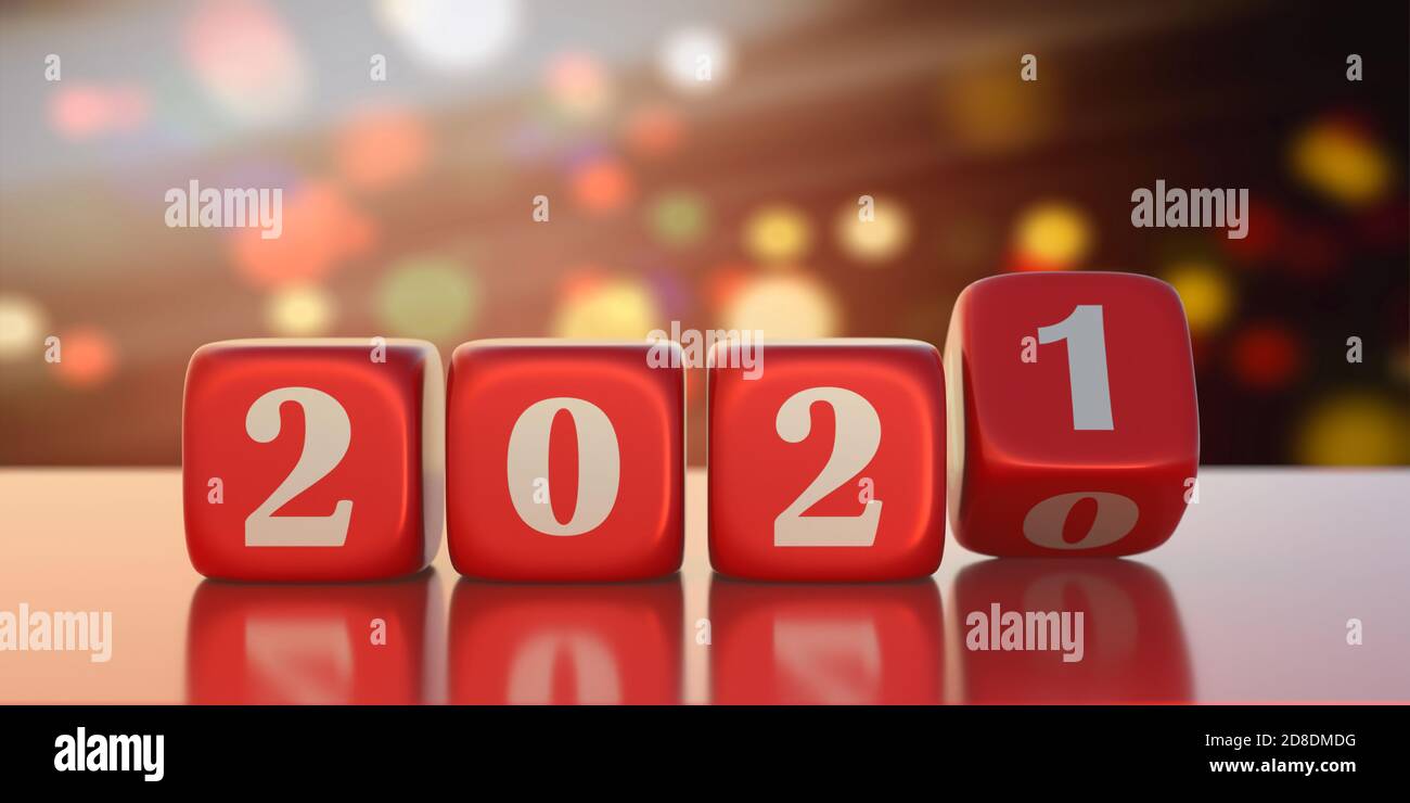 New year 2021. Number on red cubes, colorful festive bokeh background ...