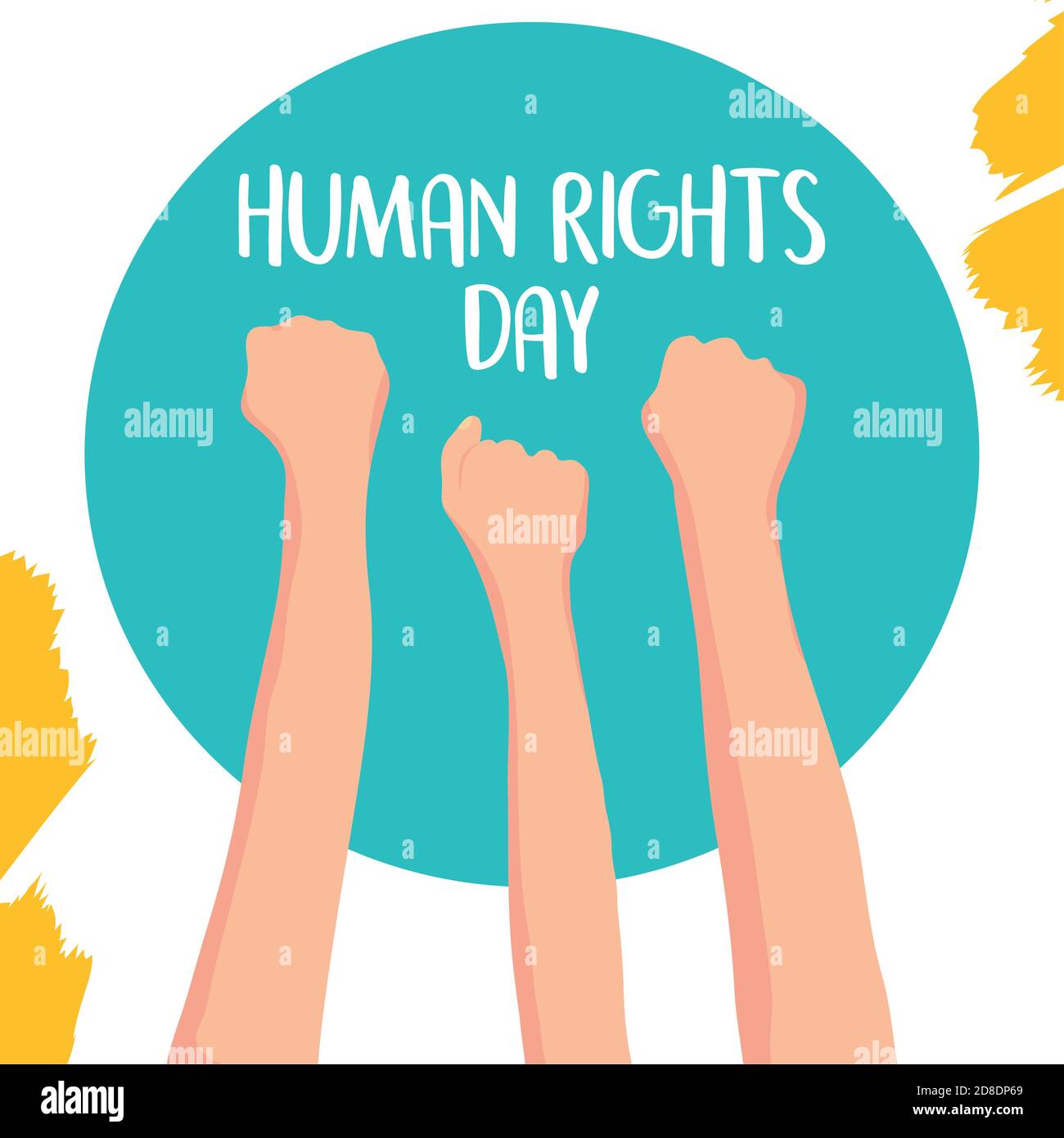 human rights day design with protesting hands up over turquoise circle ...