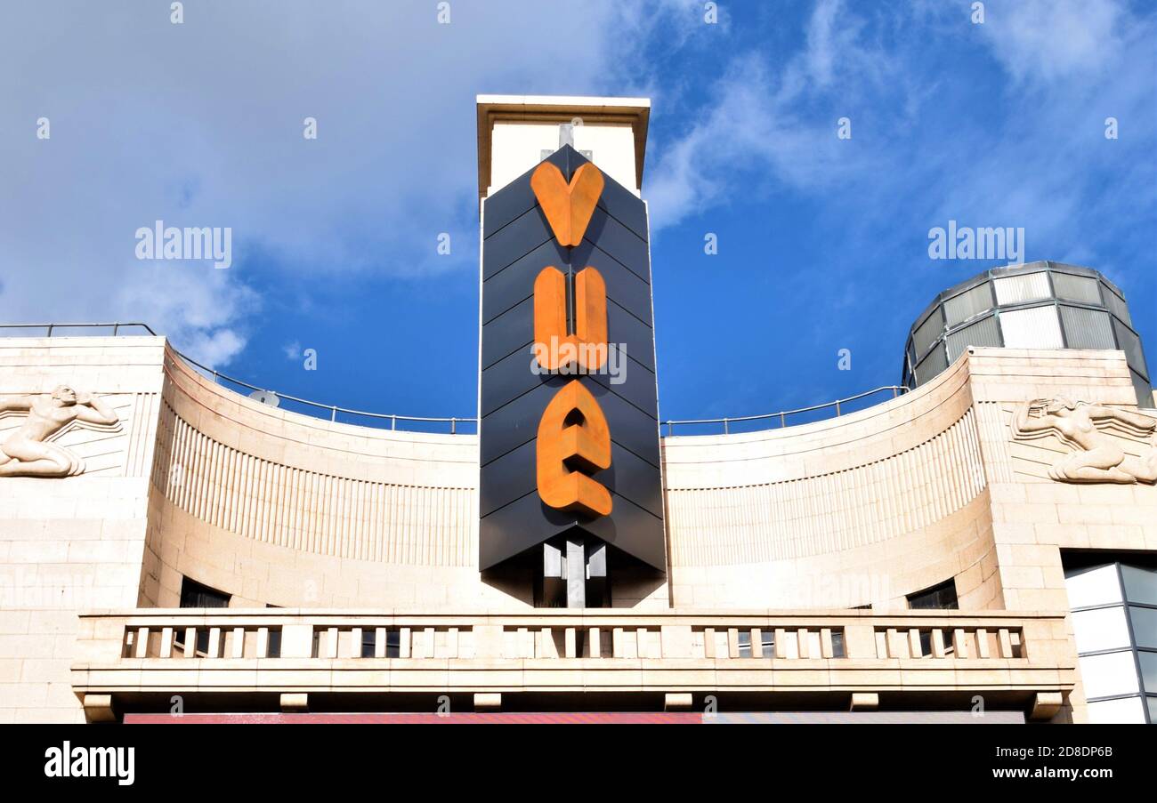 Vue Cinema building exterior detail, Leicester Square, London Stock ...