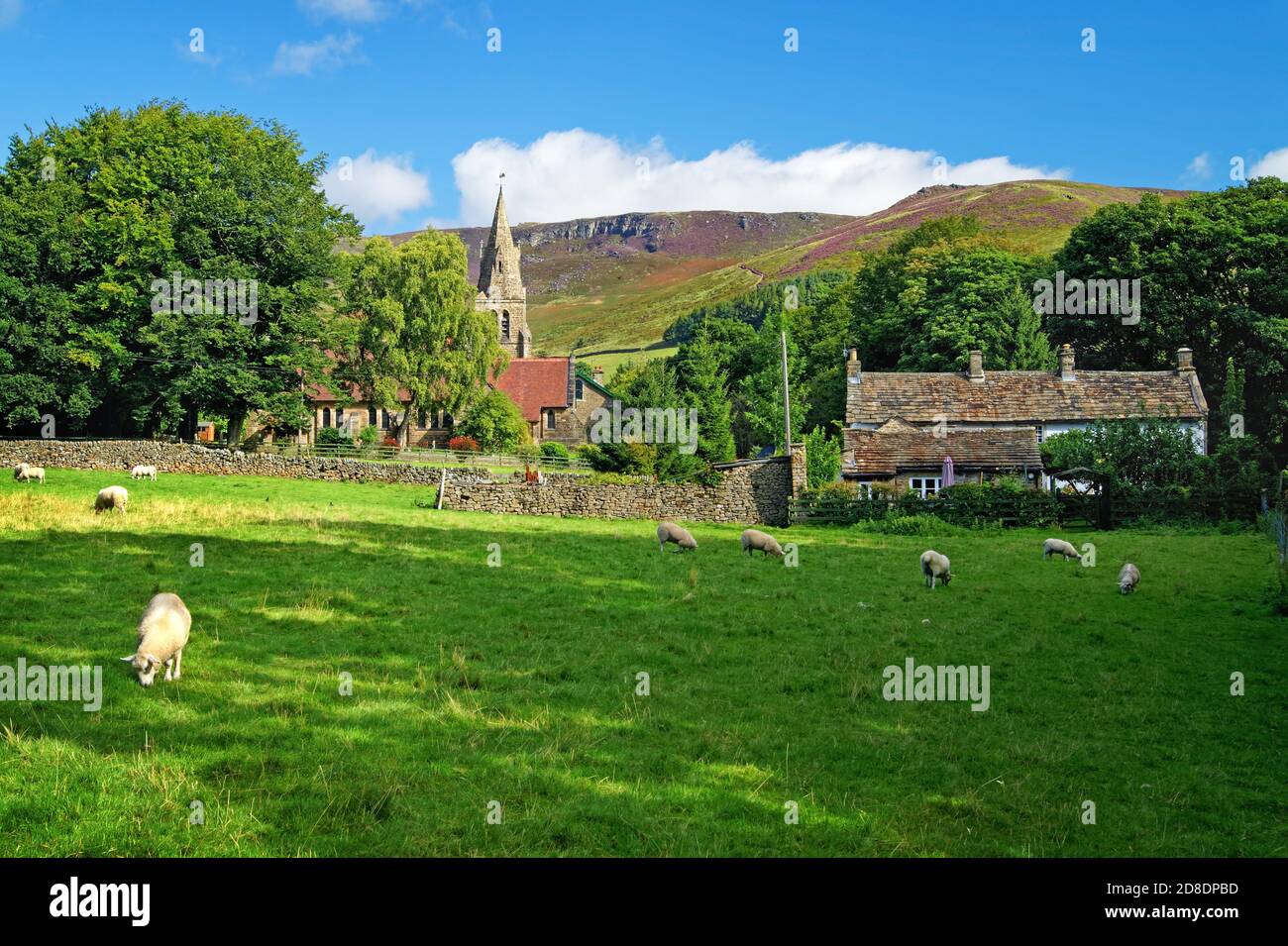 UK, Derbyshire, Peak District, Edale, Holy Trinity Church and Kinder ...
