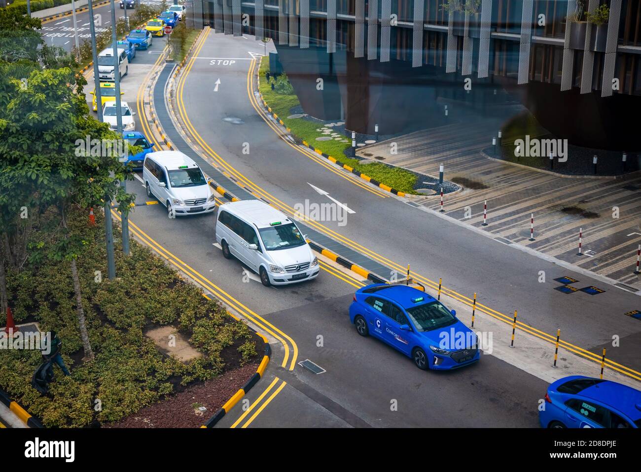 SINGAPORE - MARCH 3, 2020: traffic jam queue of taxi cars at changi ...