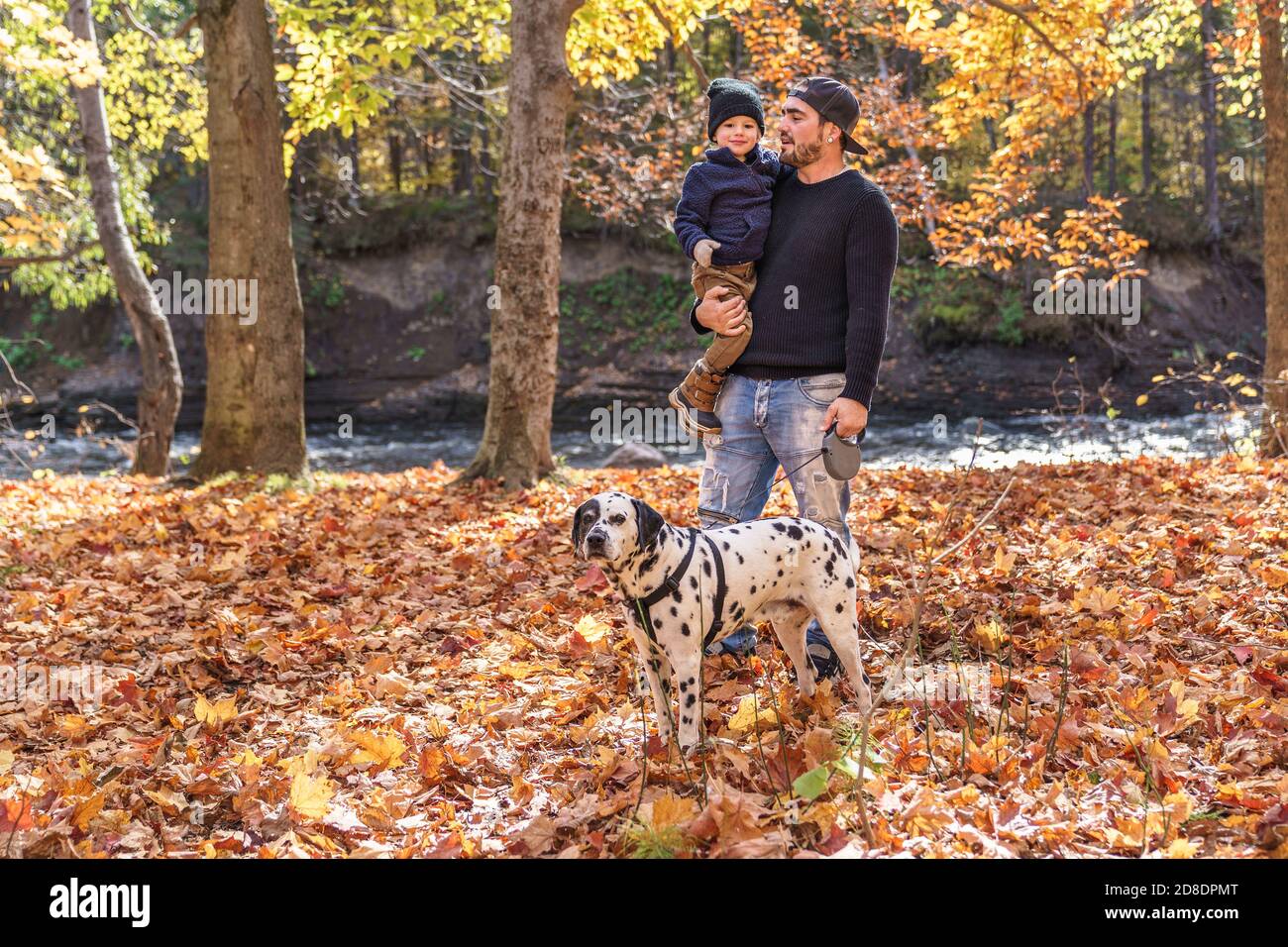 Happy family father and child boy in the autumn leaf fall in park Stock ...