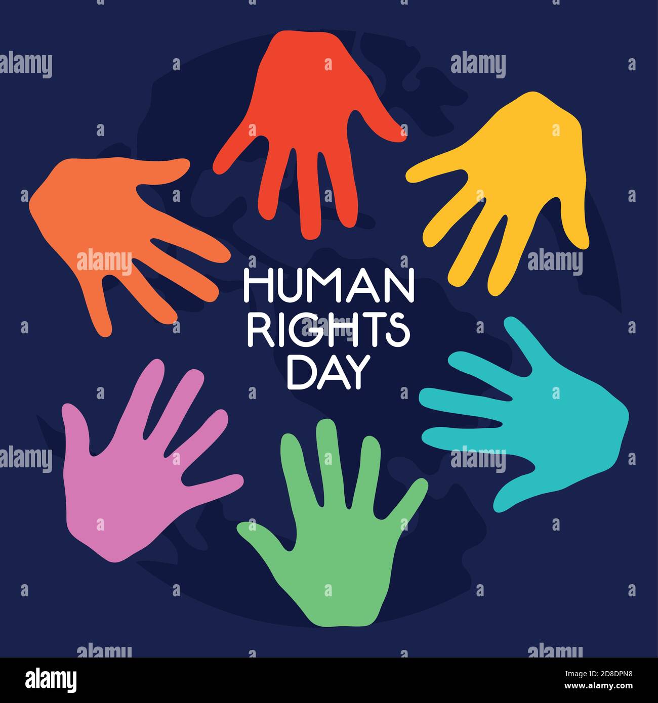 human rights day design with colorful hands around over blue background ...