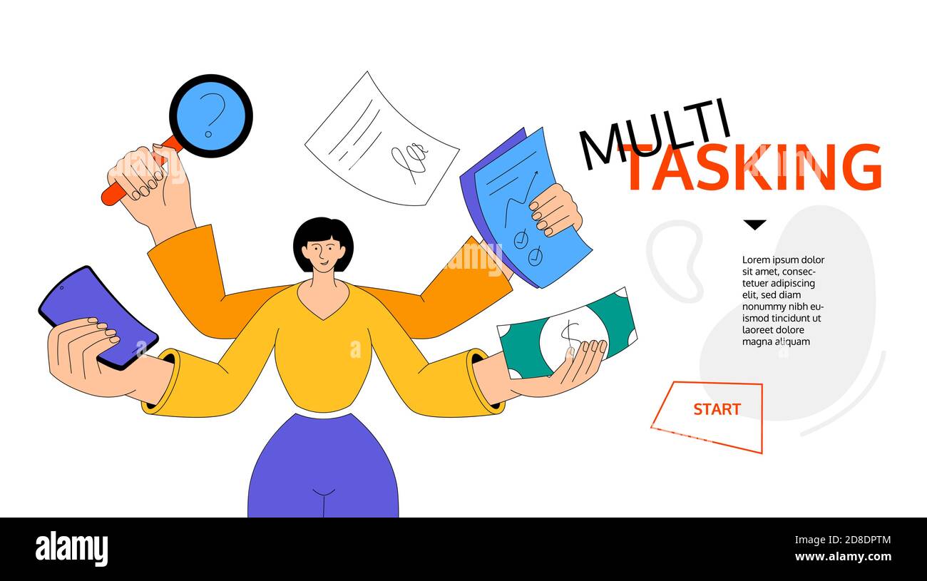 Multitasking concept - colorful flat design style web banner Stock ...