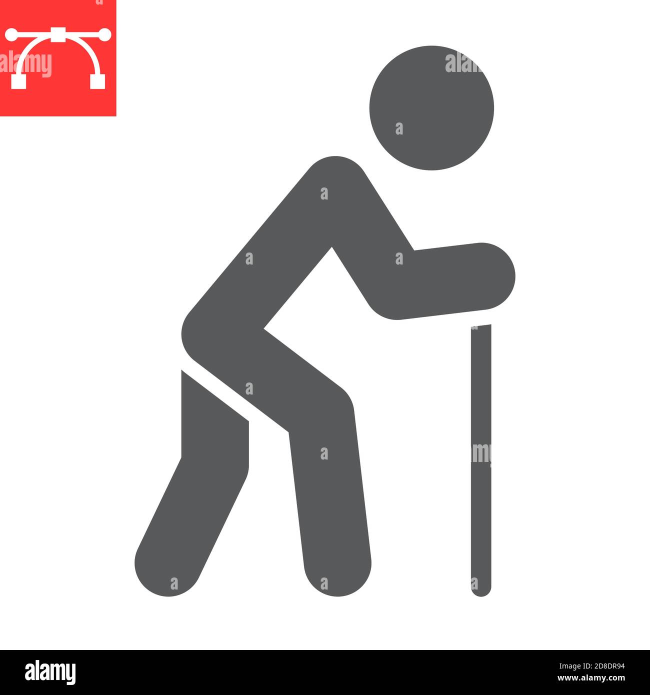 Old man with cane glyph icon, disability and pensioner, old man with ...