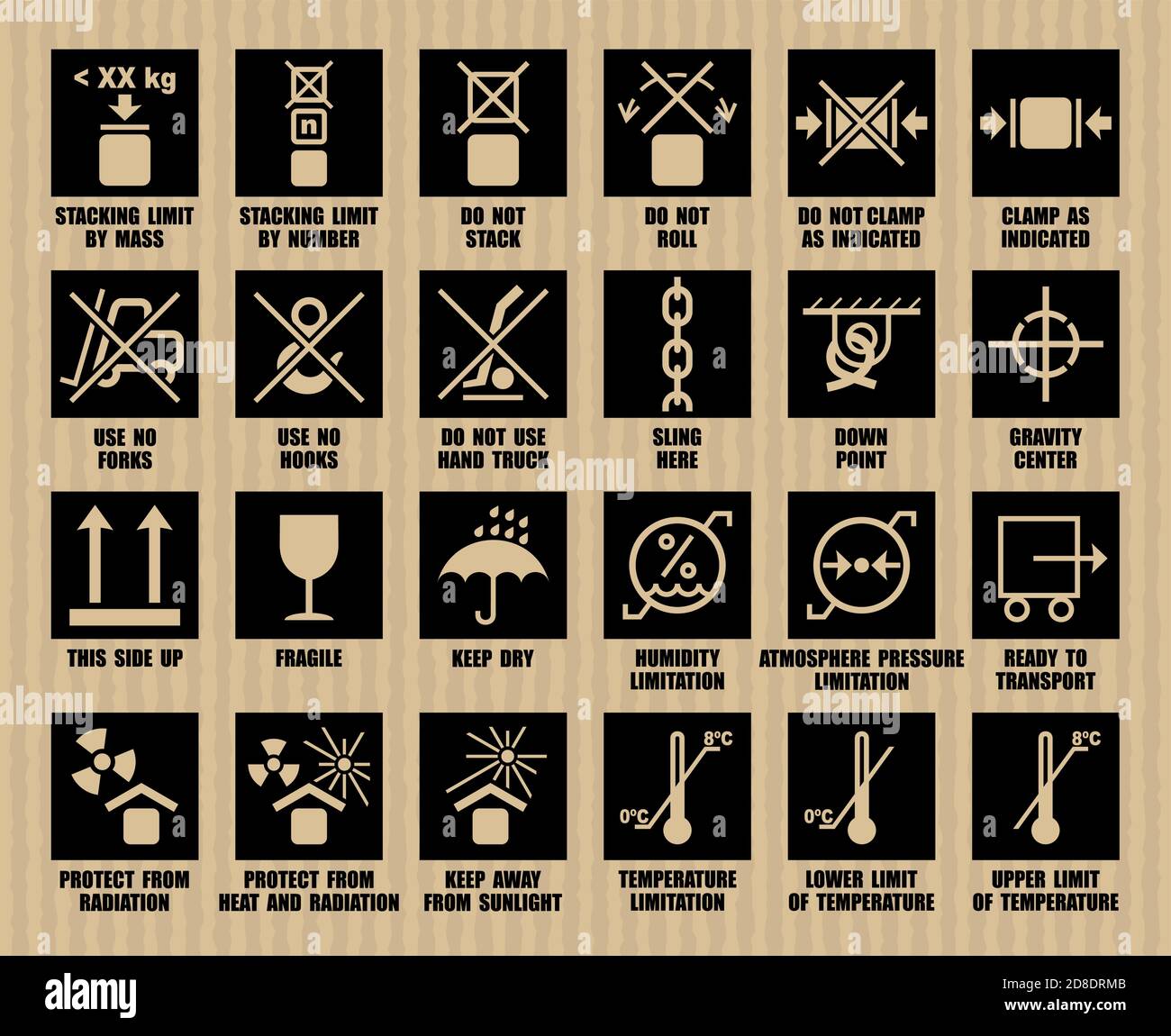 Full vector set of ISO transportation symbols for industrial package handling. Black warning ...