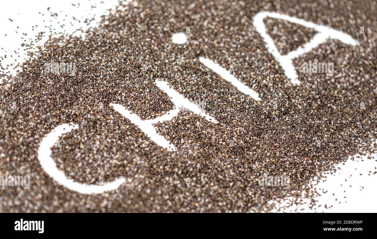 Chia word made from chia seeds isolated with white background ...