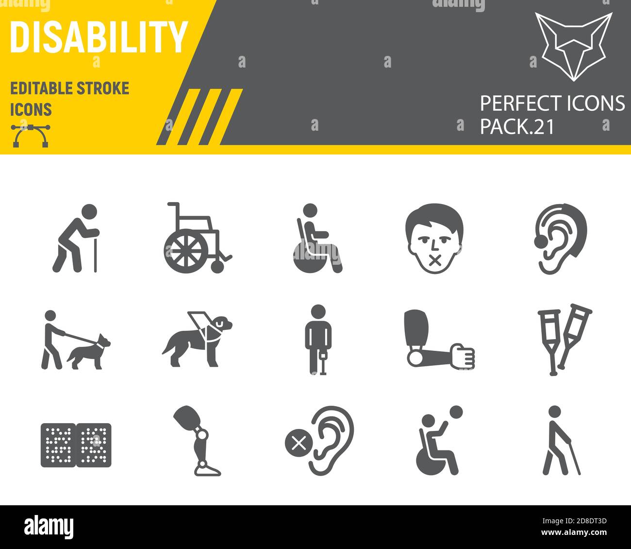 Disability glyph icon set, disabled people collection, vector sketches ...